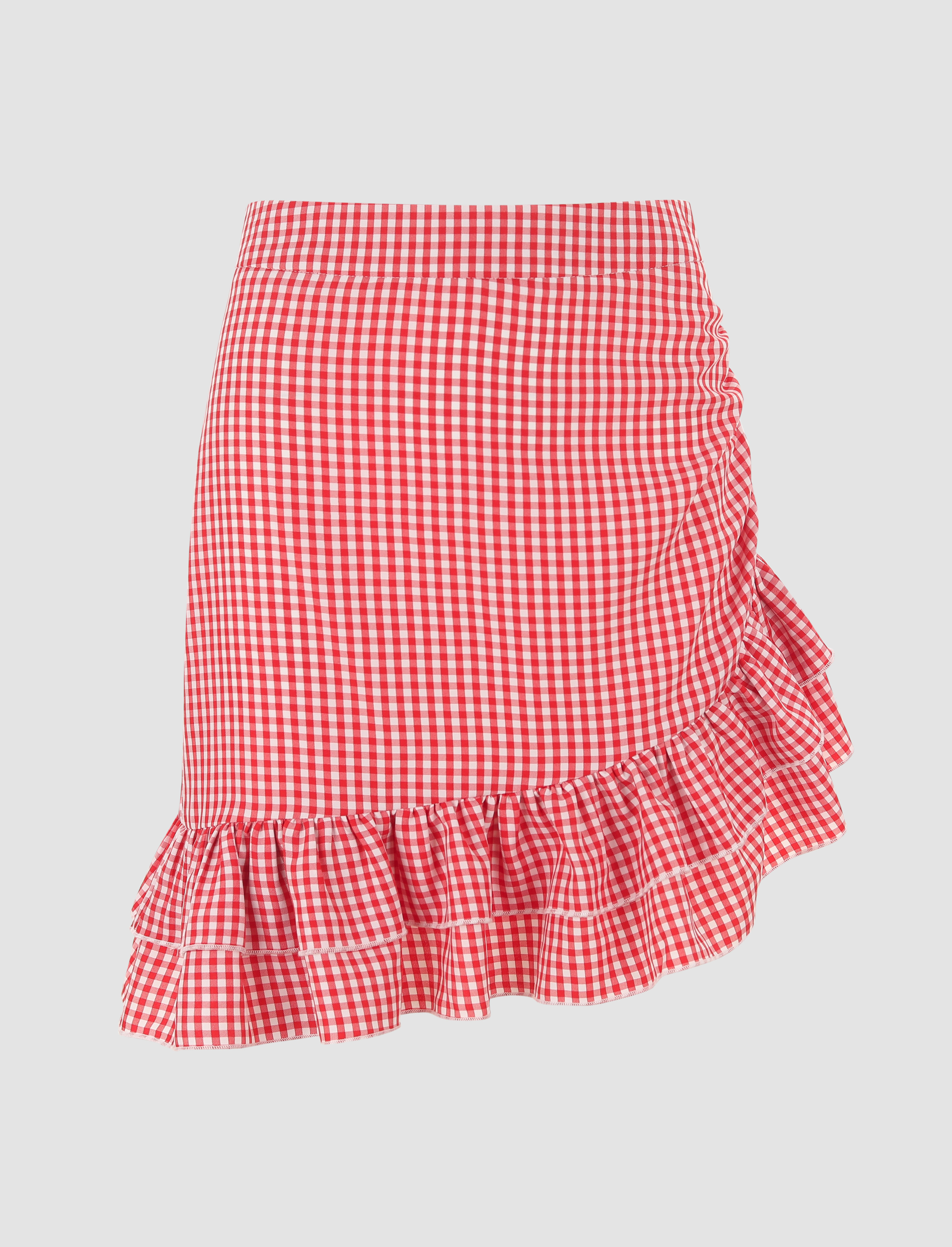 White&Red Check Pattern Ruffle Outline Skirt - Cider