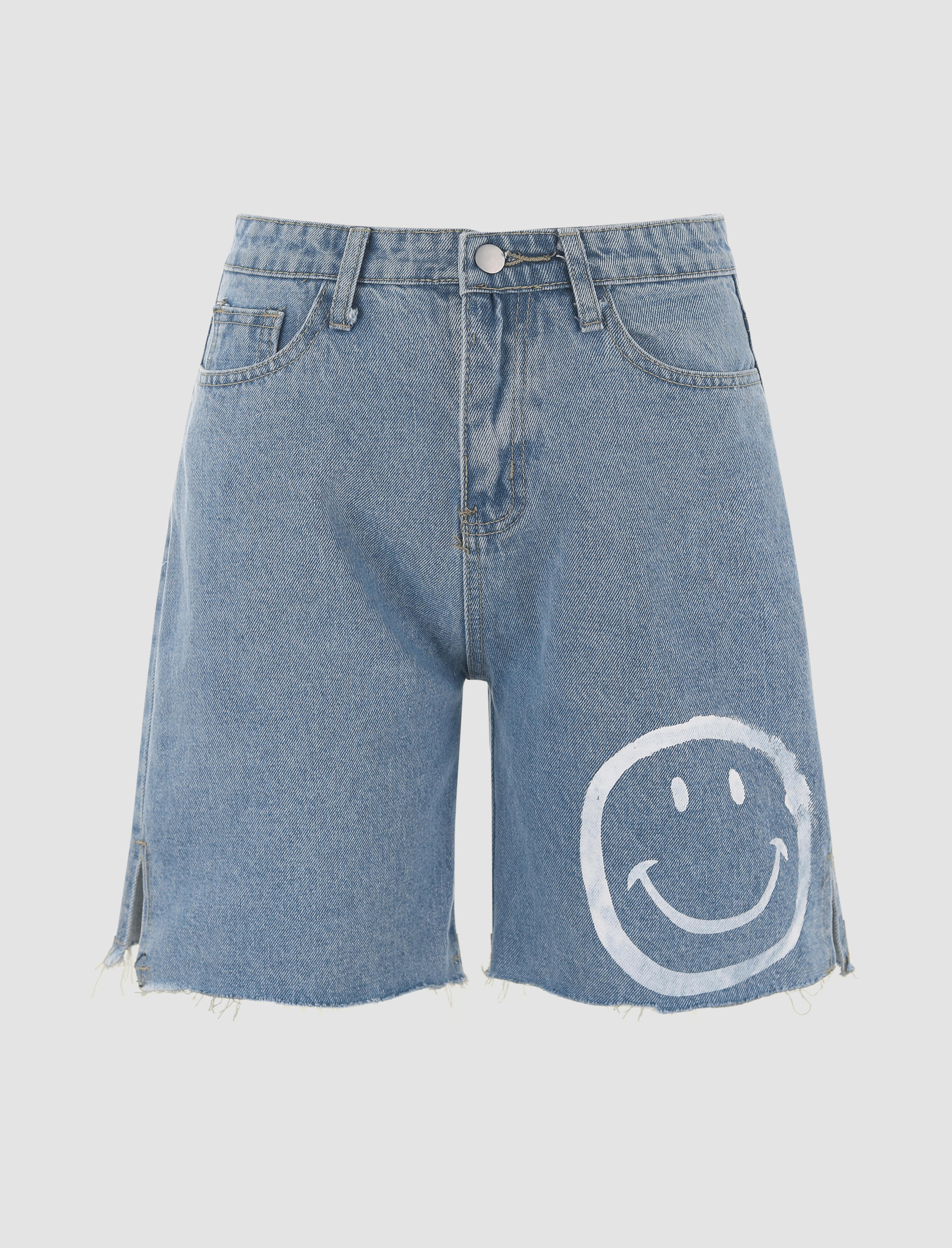 Denim Face Print Denim Shorts