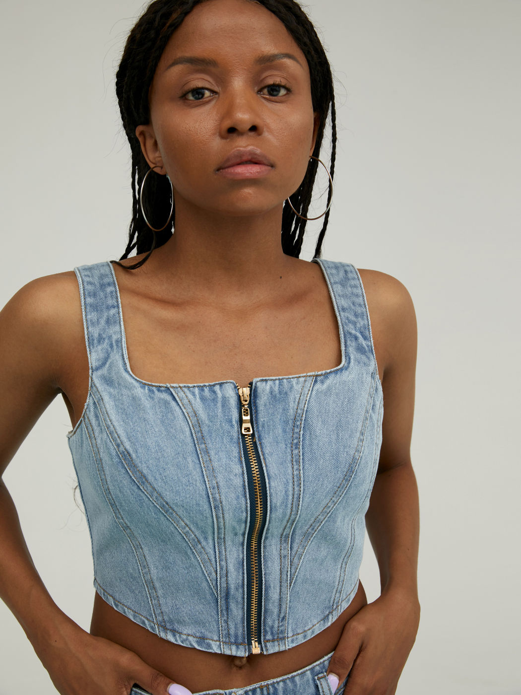 Zipper Up Denim Tank Top - Cider
