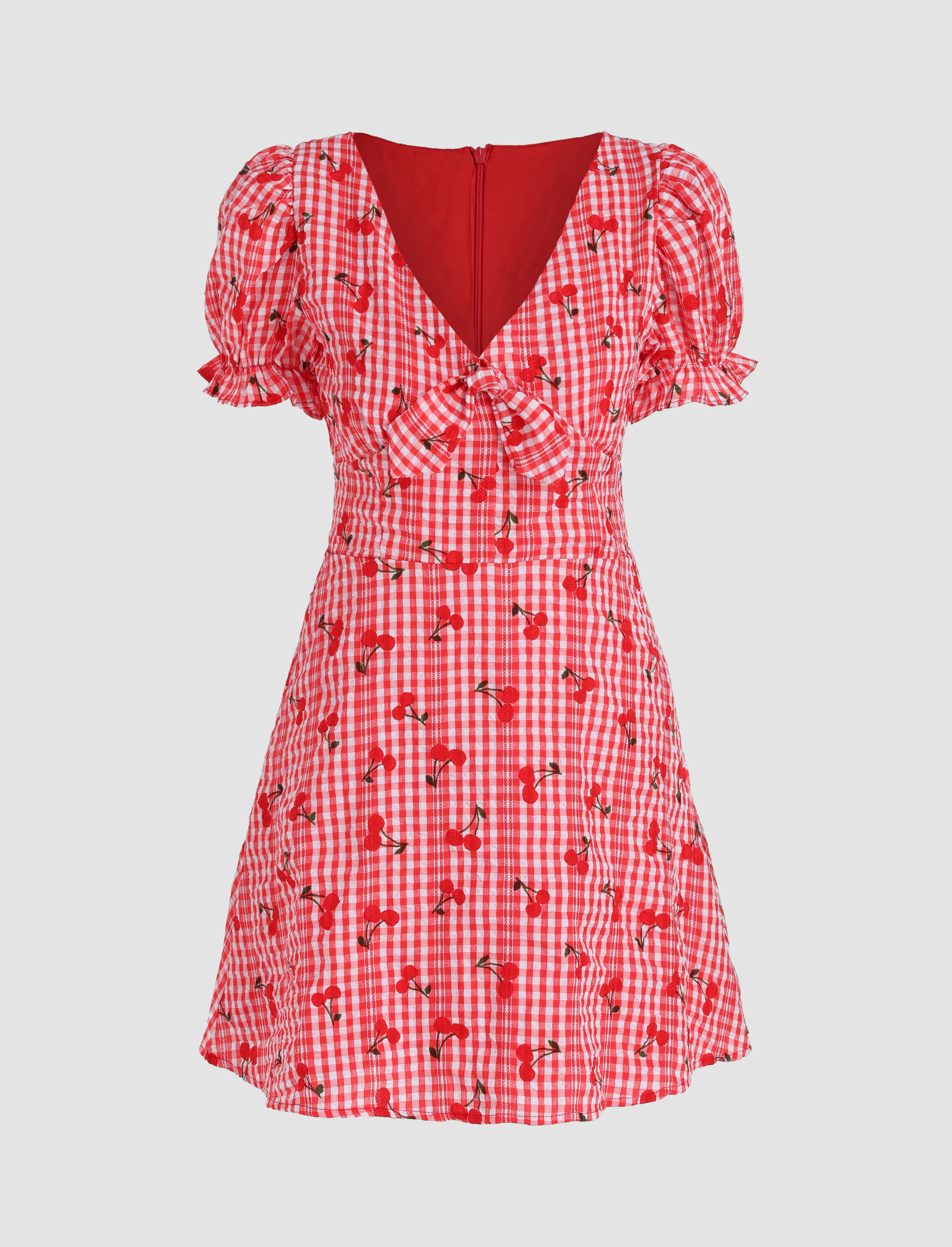 Cherry Print Plaid Mini Dress - Cider