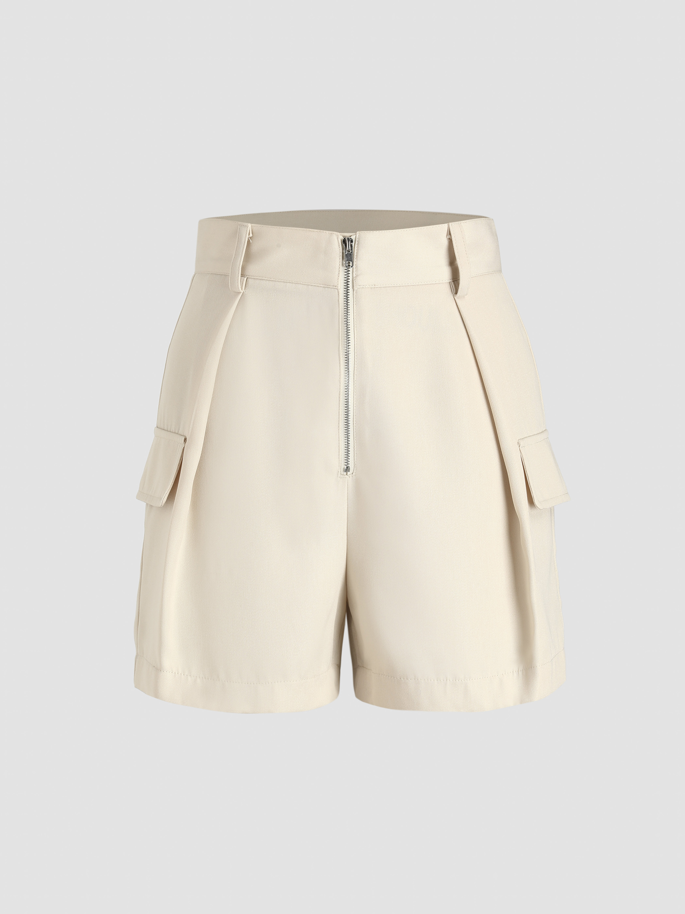 Beige Zipper Up Pockets Shorts