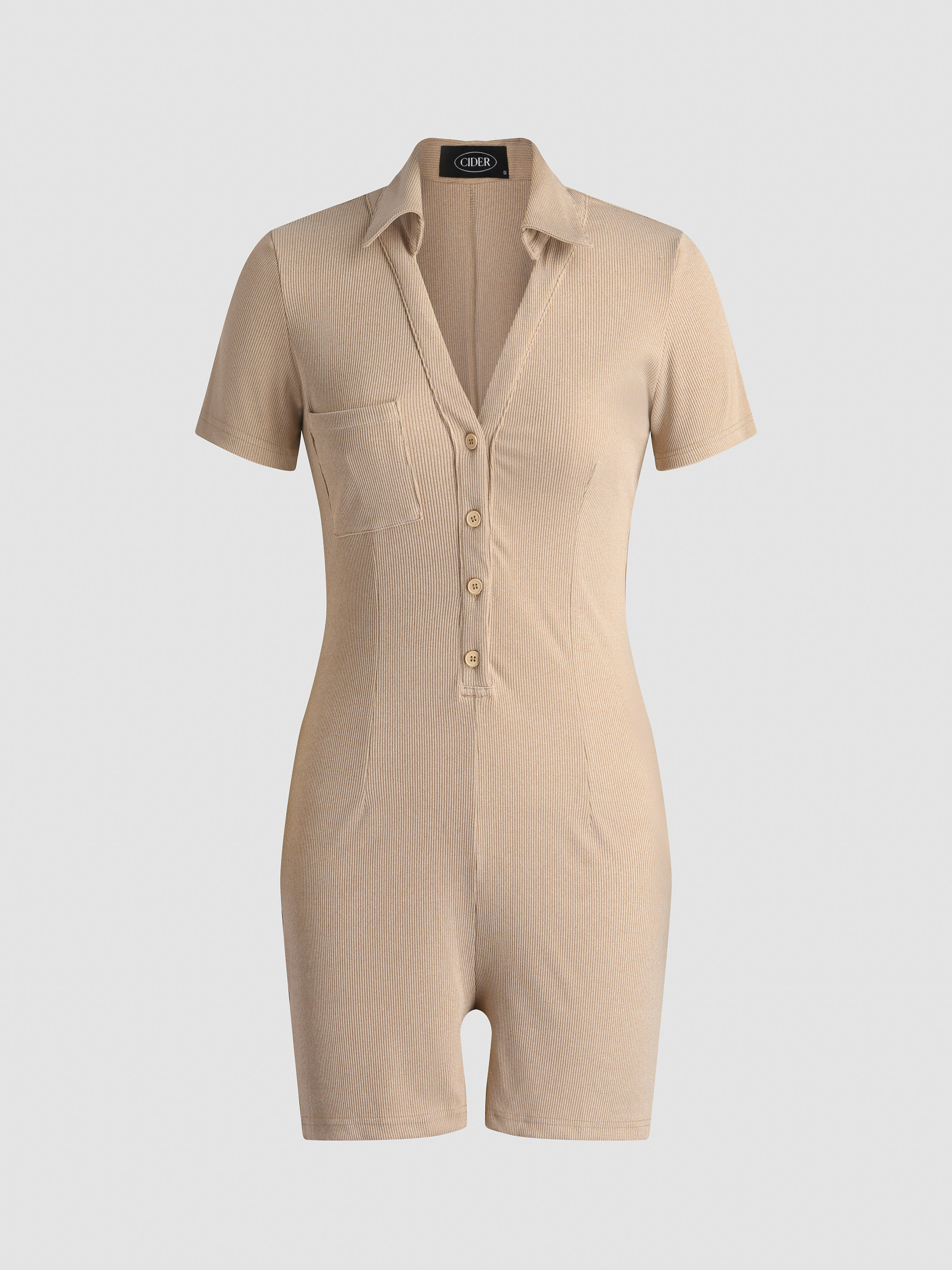 Solid Rib Collar Button Up Playsuit - Cider