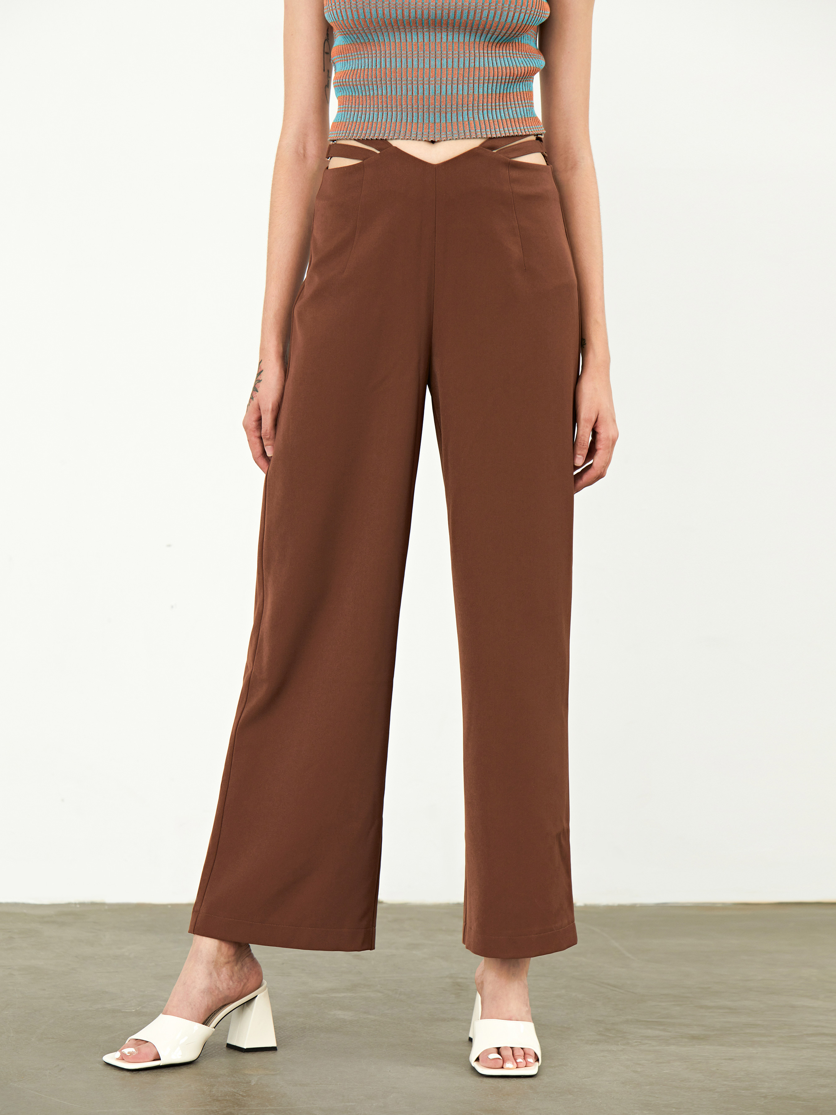 Brown Waist Cut Out Trousers - Cider