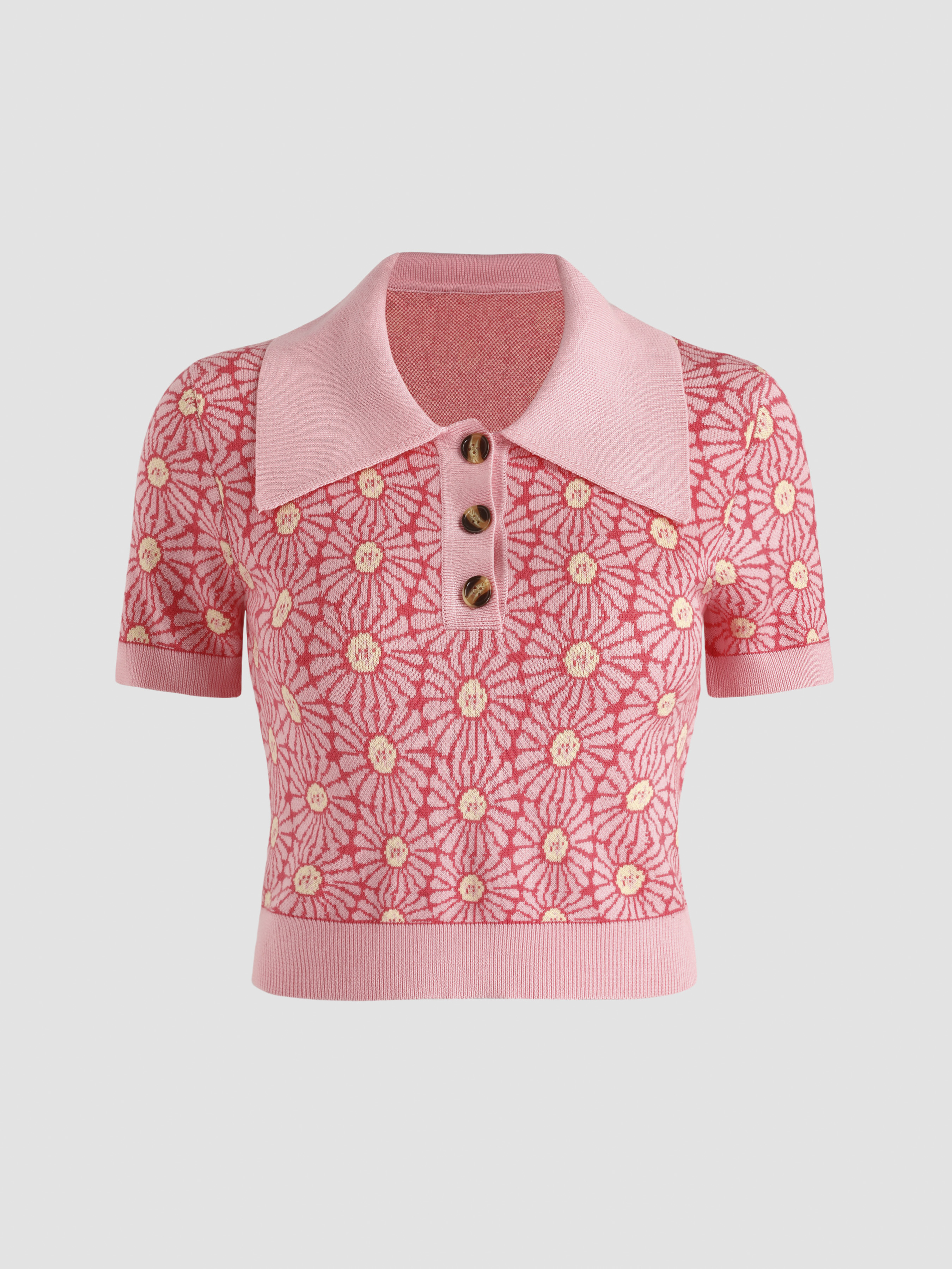 Floral Pink Collar Knitted Top - Cider