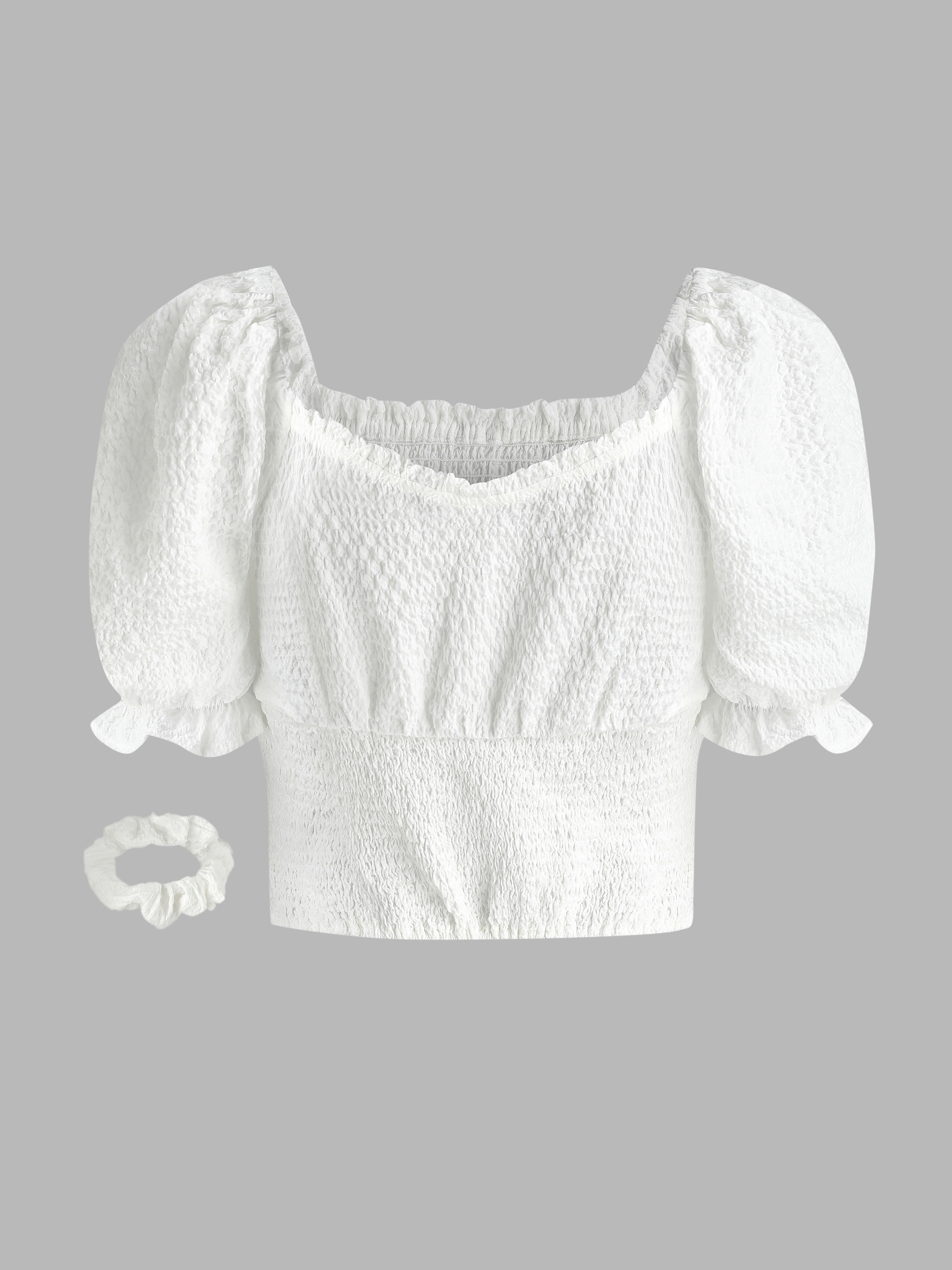 Ruffle Bubble Sleeve Blouse With Scrunchie