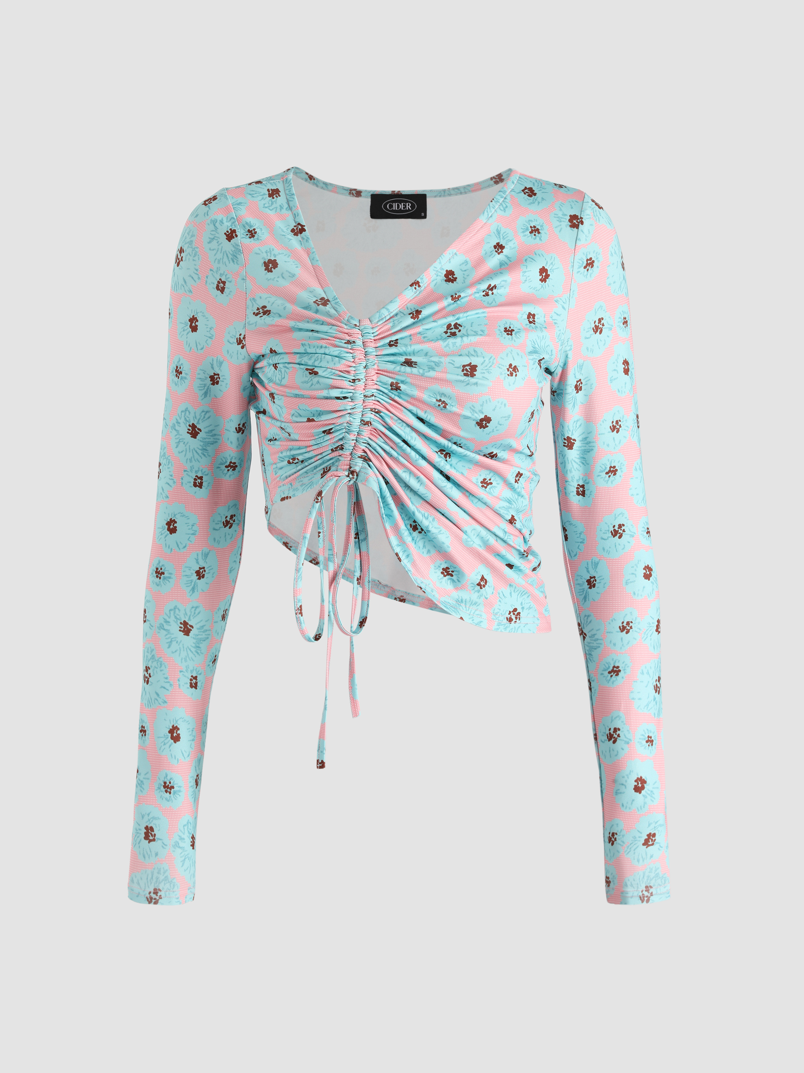 Floral Pattern Drawstring Tie Top - Cider