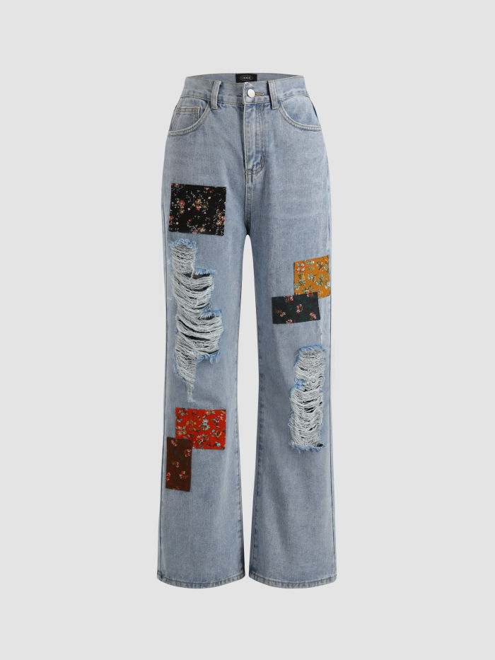 Cute Patchy Denim Jeans - Cider