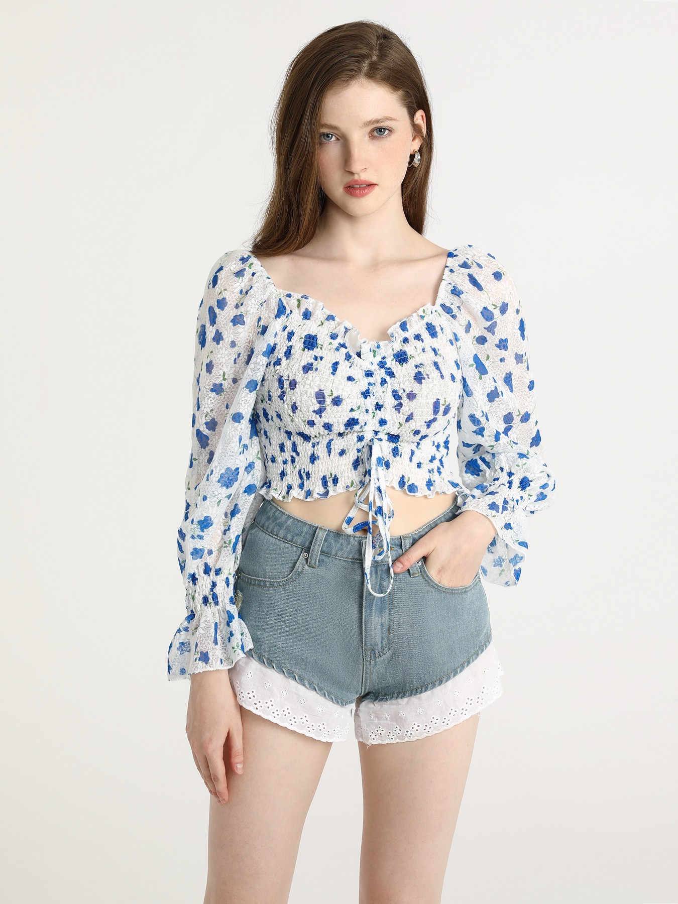 Ditsy Shirred Bubble Sleeve Blouse - Cider