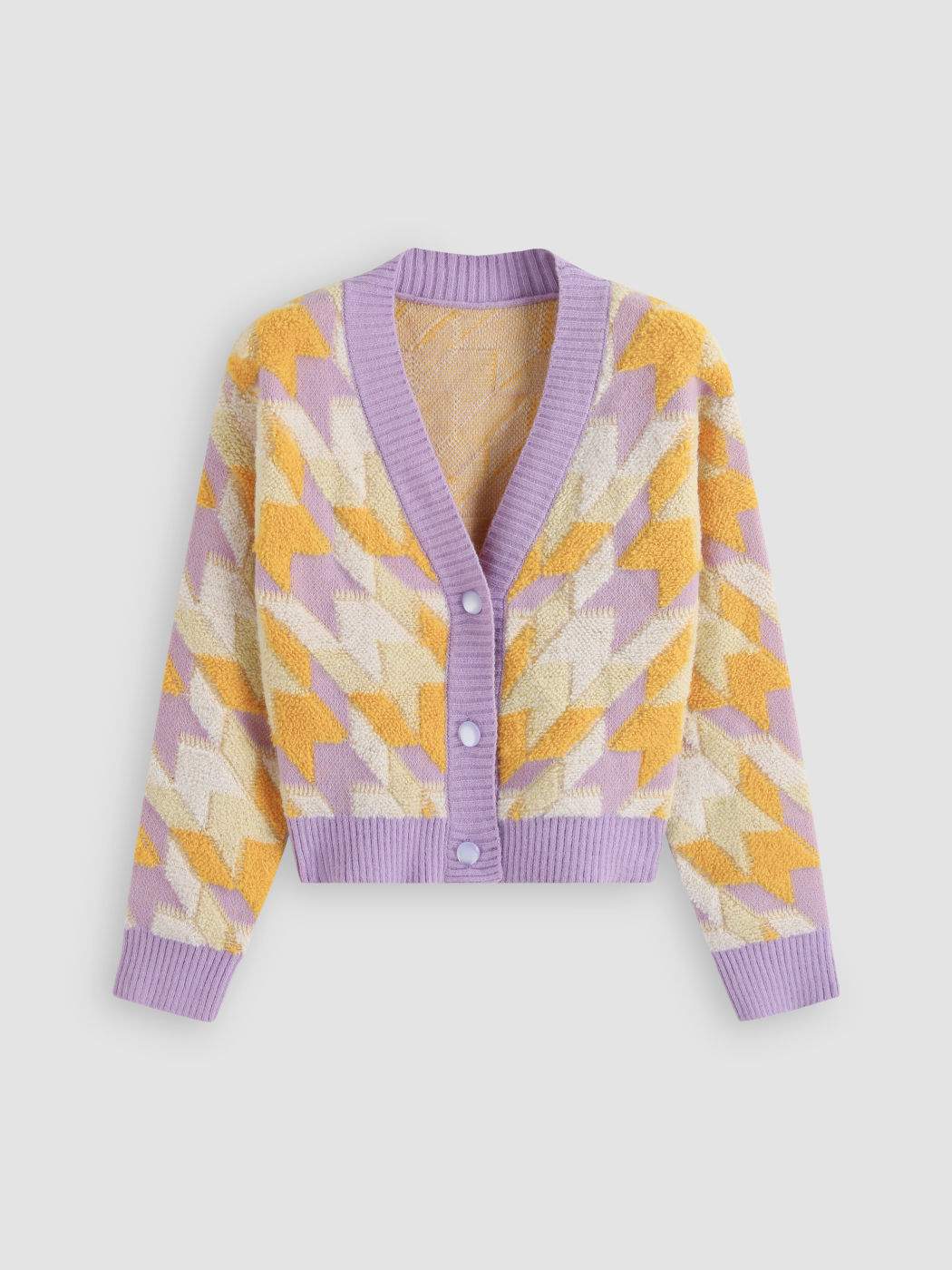 Short Plush Diamond Pattern Cardigan - Cider