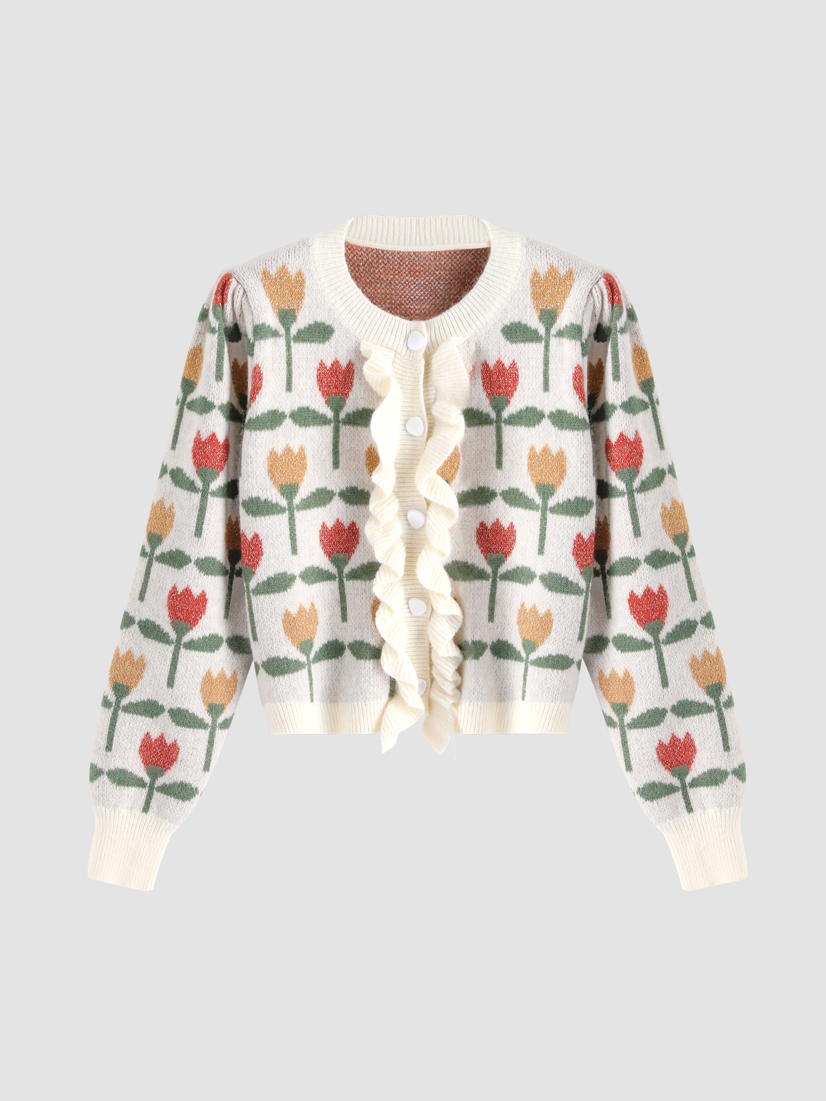 Floral Pattern Ruffle Up Cardigan