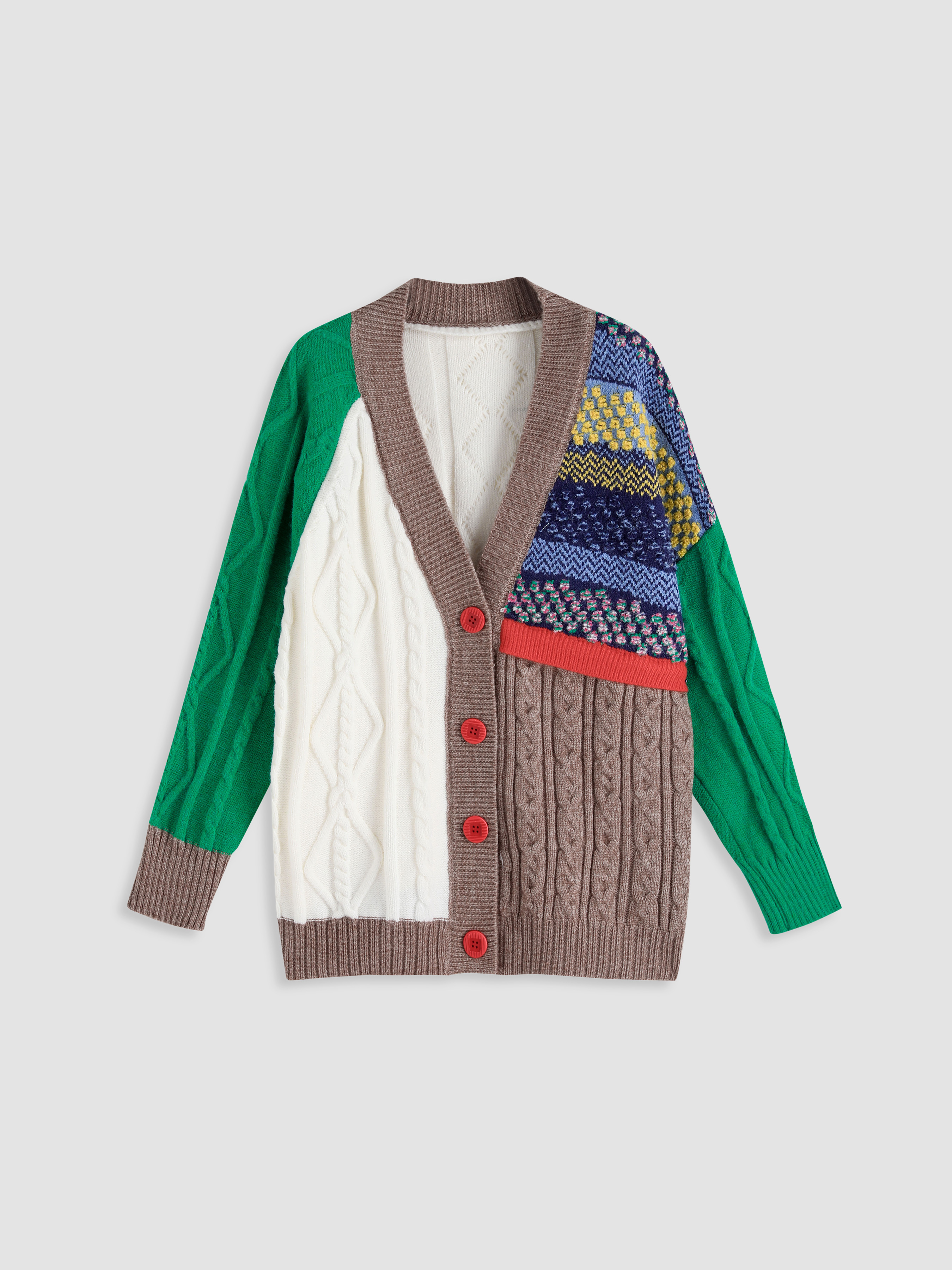 Patchwork Design Knitted Cardigan - Cider