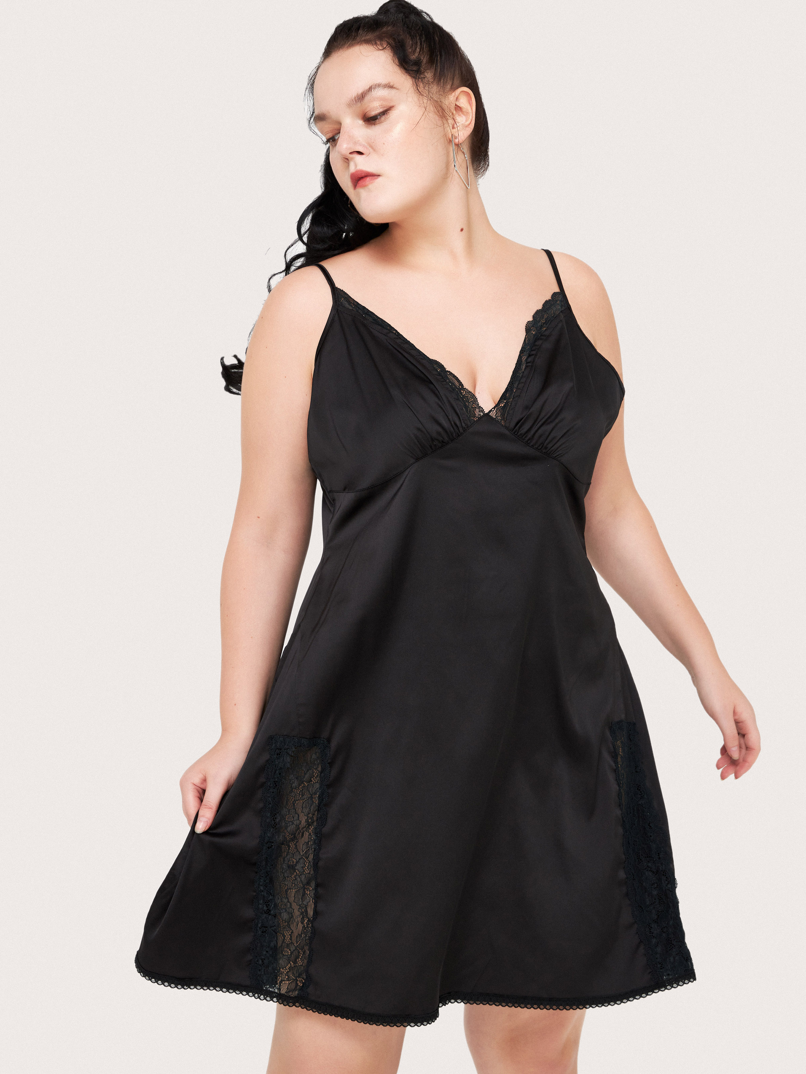 Curve&Plus Black Allure Lace Deep V Mini Dress - Cider