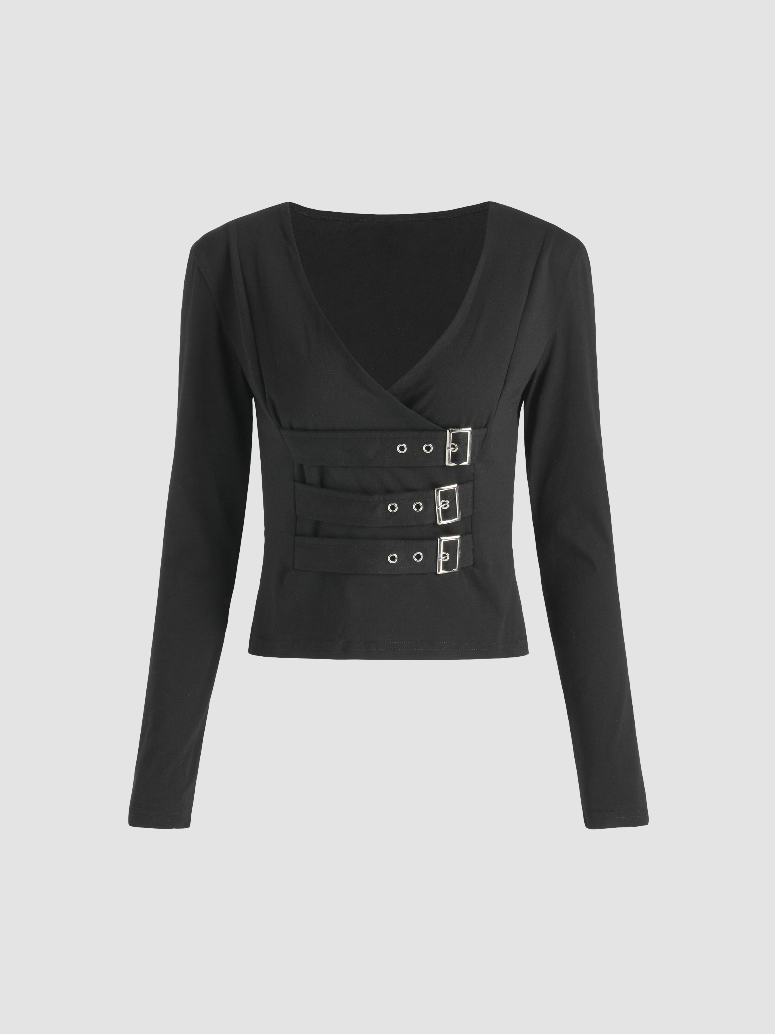 V-Neck Patchy Long Sleeve Top - Cider