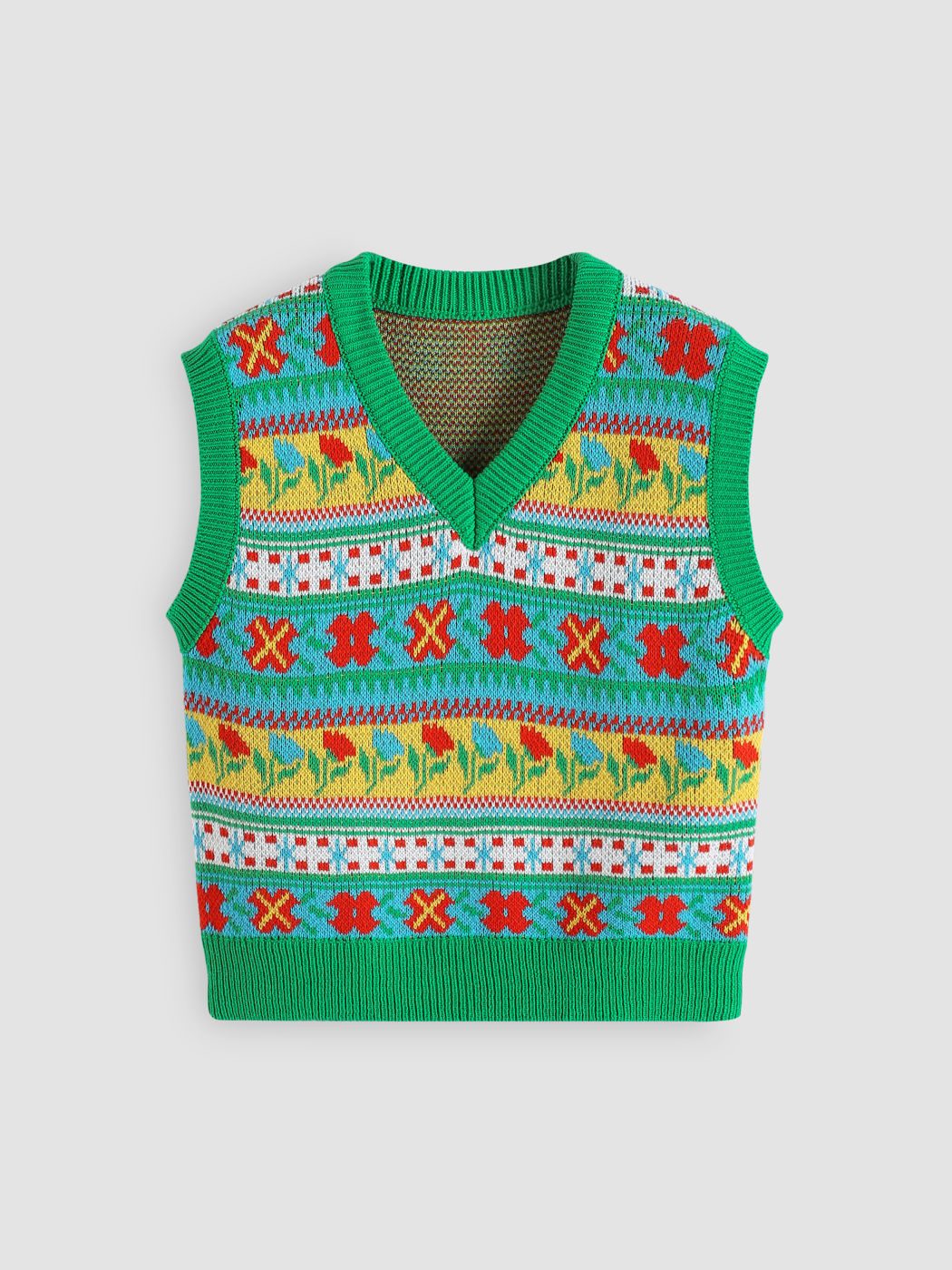 Green Floral Striped Knit Vest For Picnic