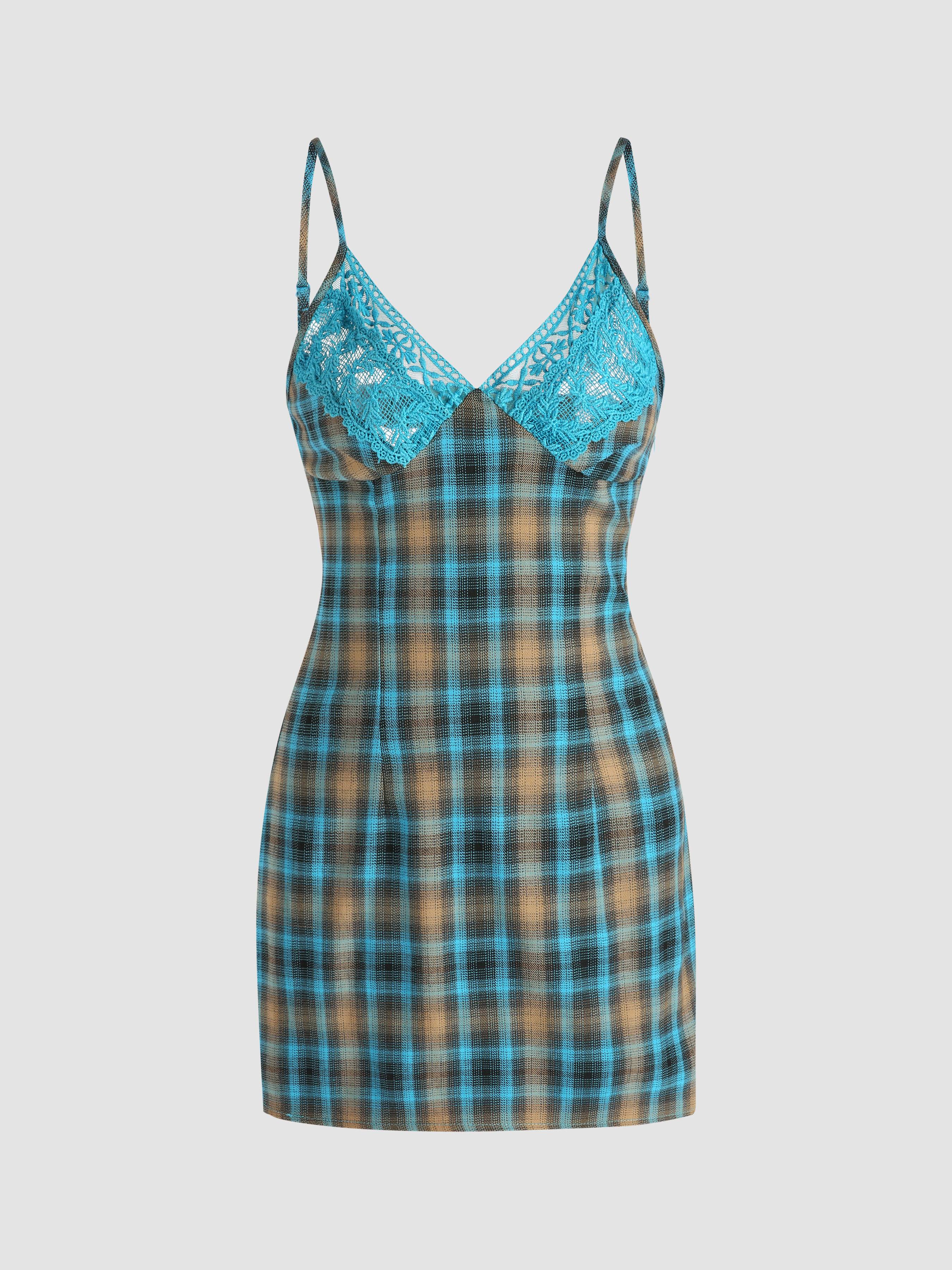 Lace Plaid Mini Dress - Cider