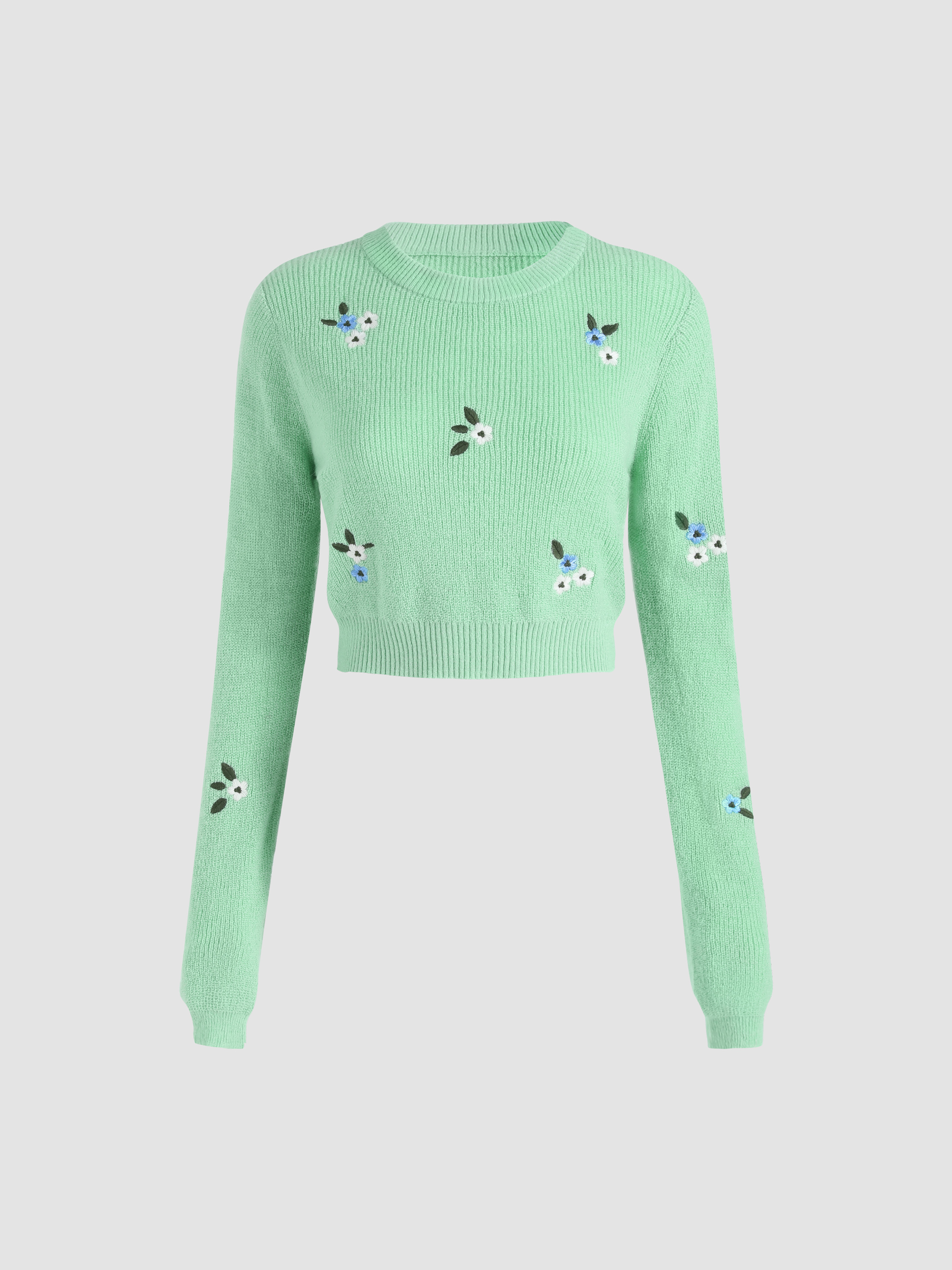 Wool-blend Floral Pattern Knit Long Sleeve Crop Top - Cider