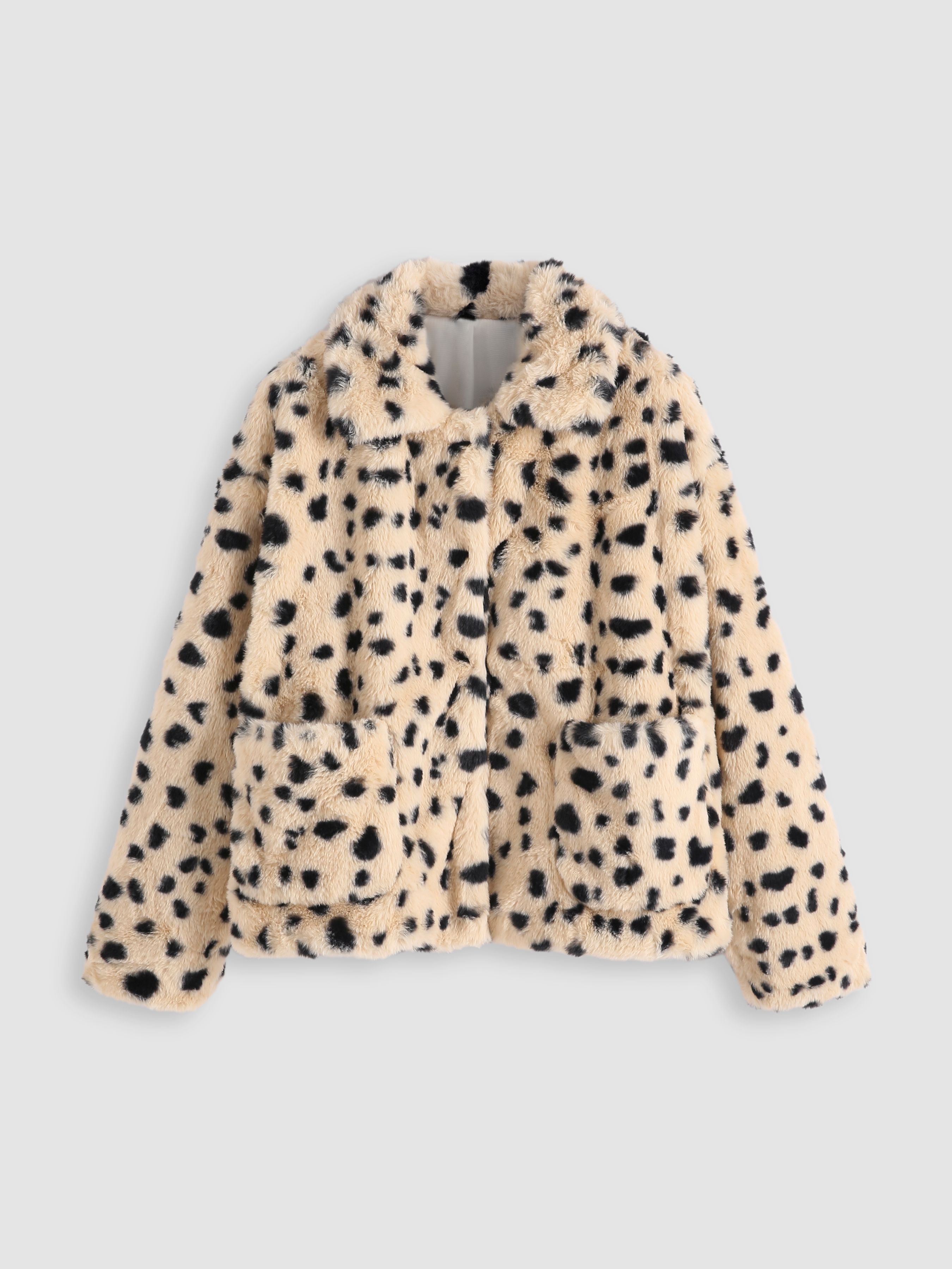 Animal Print Short Plush Coat - Cider