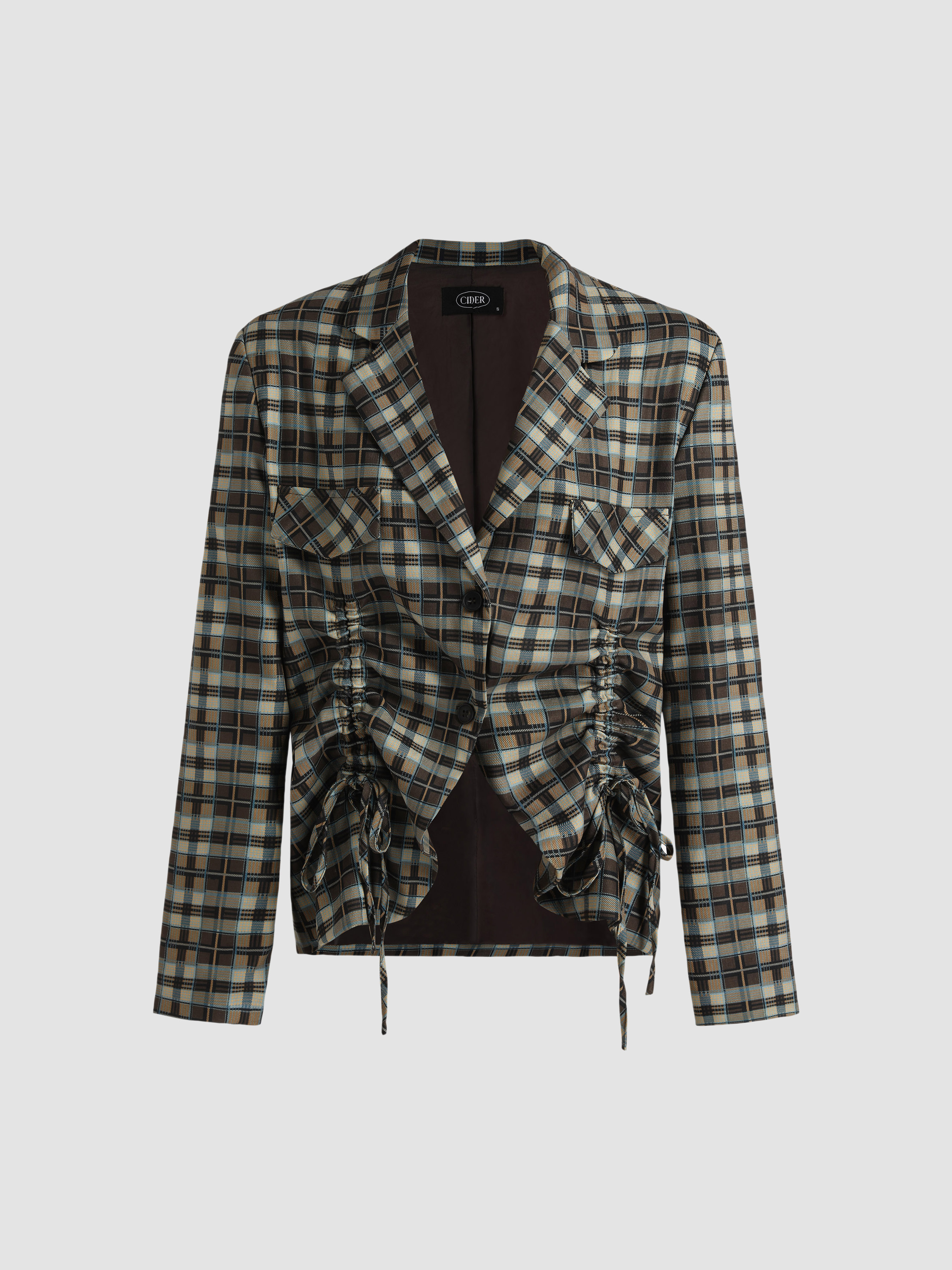Plaid Pattern Ruched Blazer