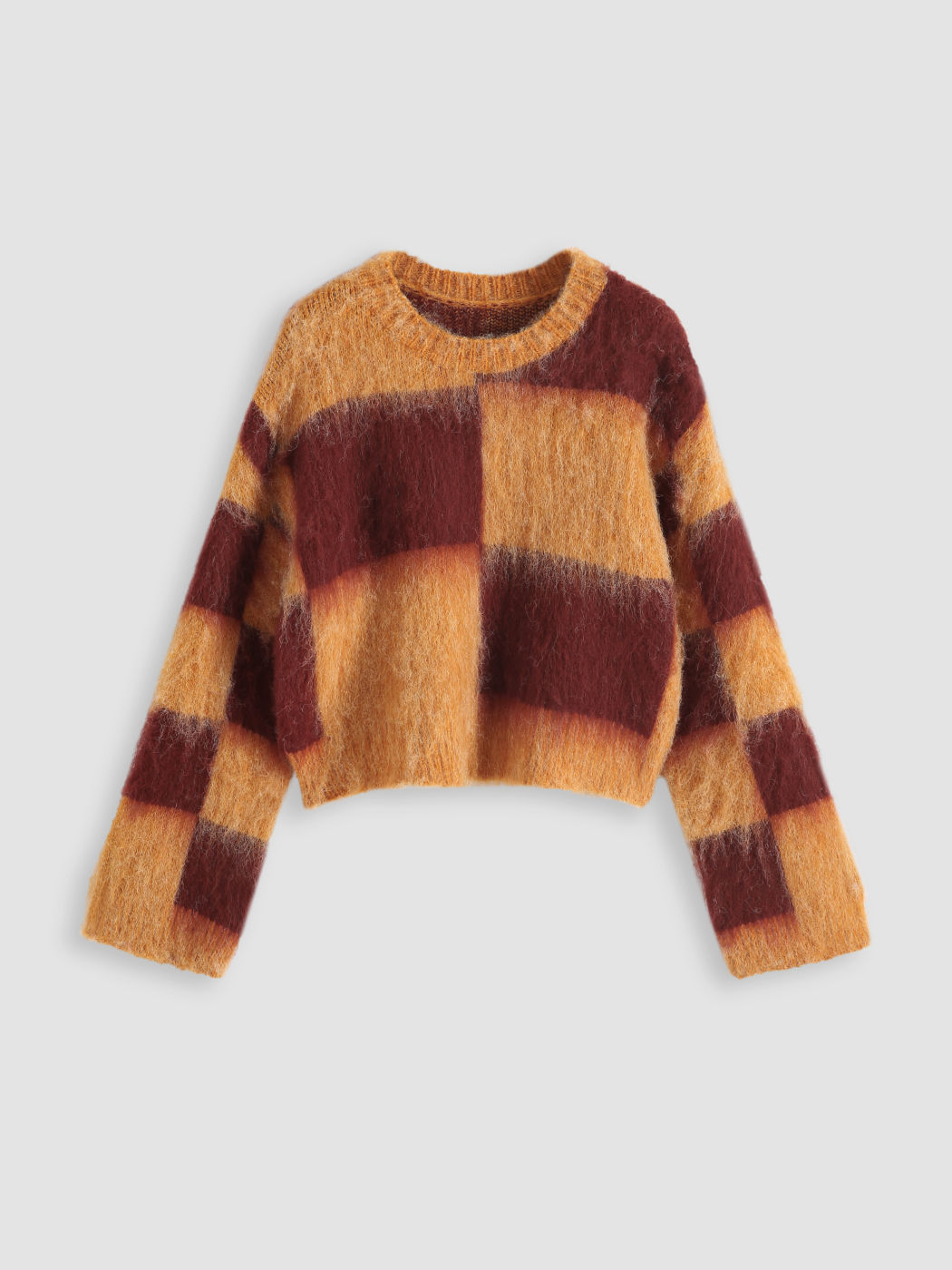 Fuzzy Checker Board Sweater - Cider
