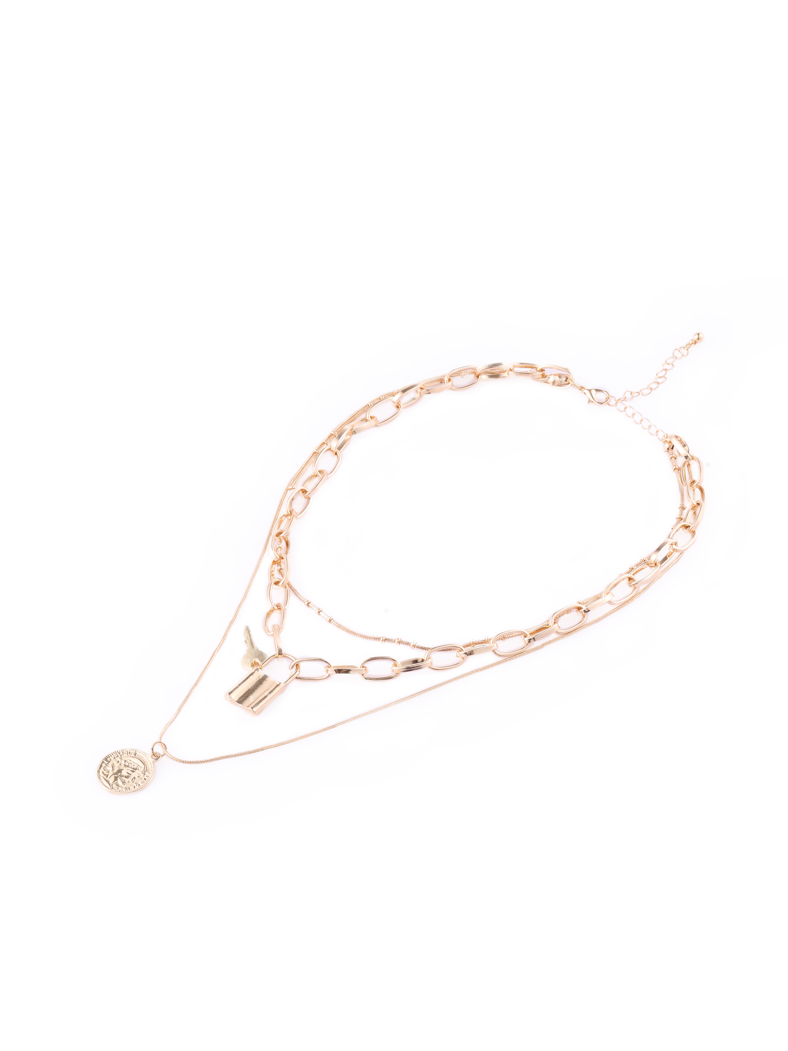 Metal Lock & Key Coin Layered Necklace - Cider