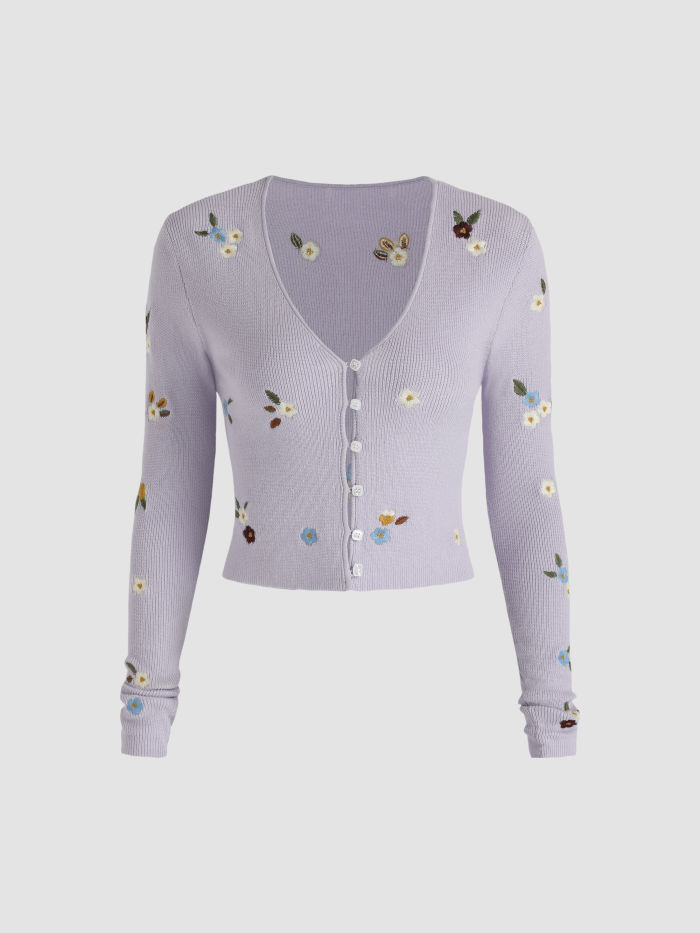 Floral Embroidered Cardigan - Cider