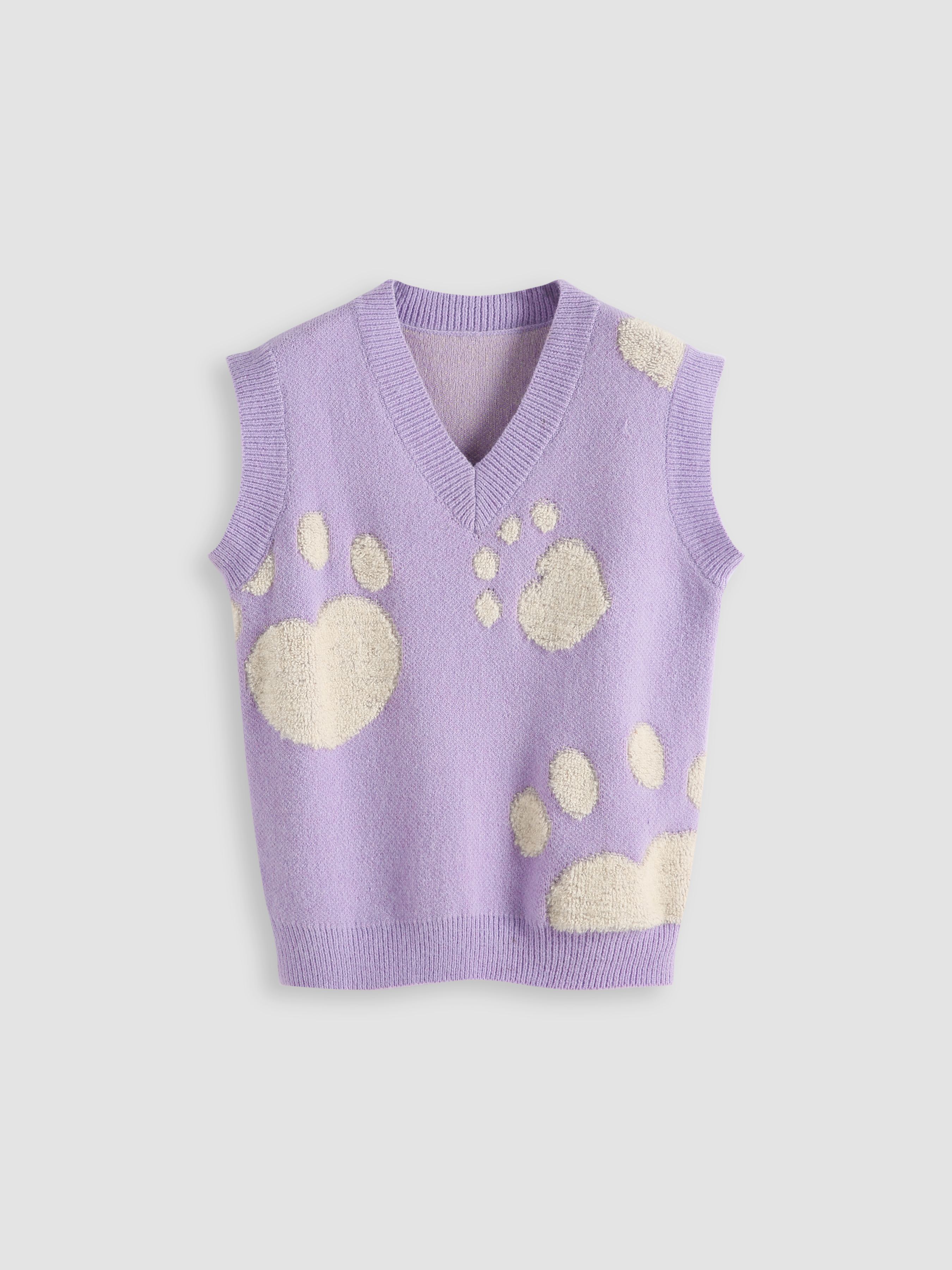 Purple Paw Print Sweater Vest For School Daily Casual Coffee Shop