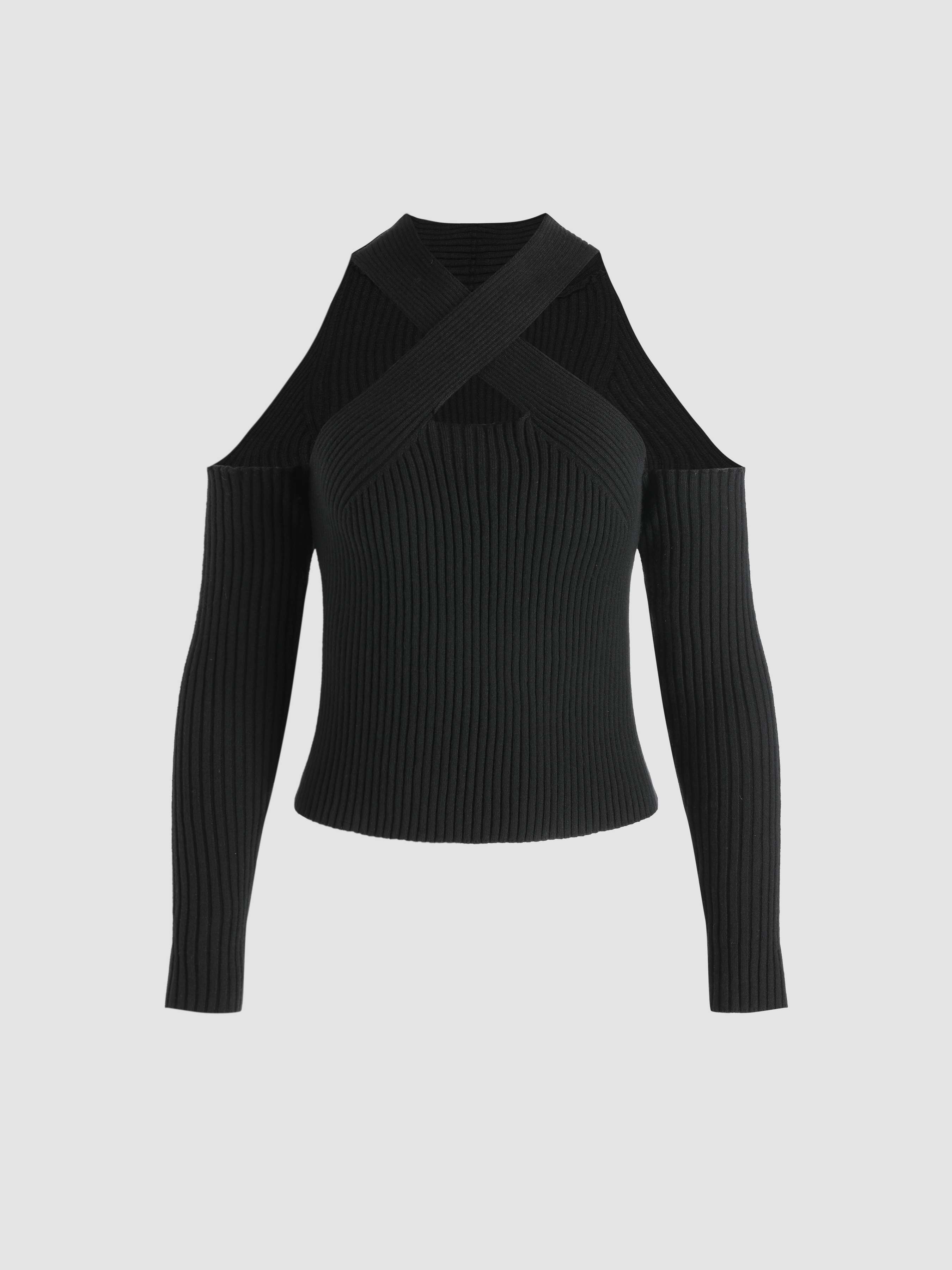 Solid Cut Out Cross Halter Sweater For Coffee Shop Daily Casual ...