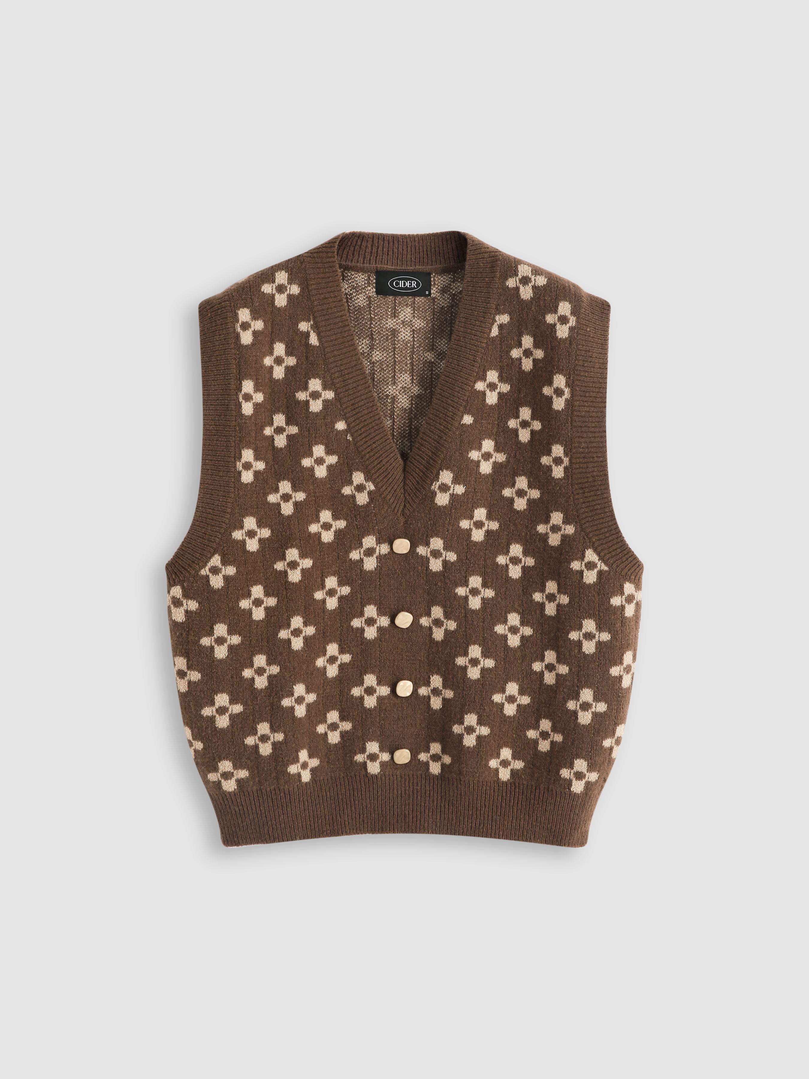 Retro Floral Print Knit Vest - Cider