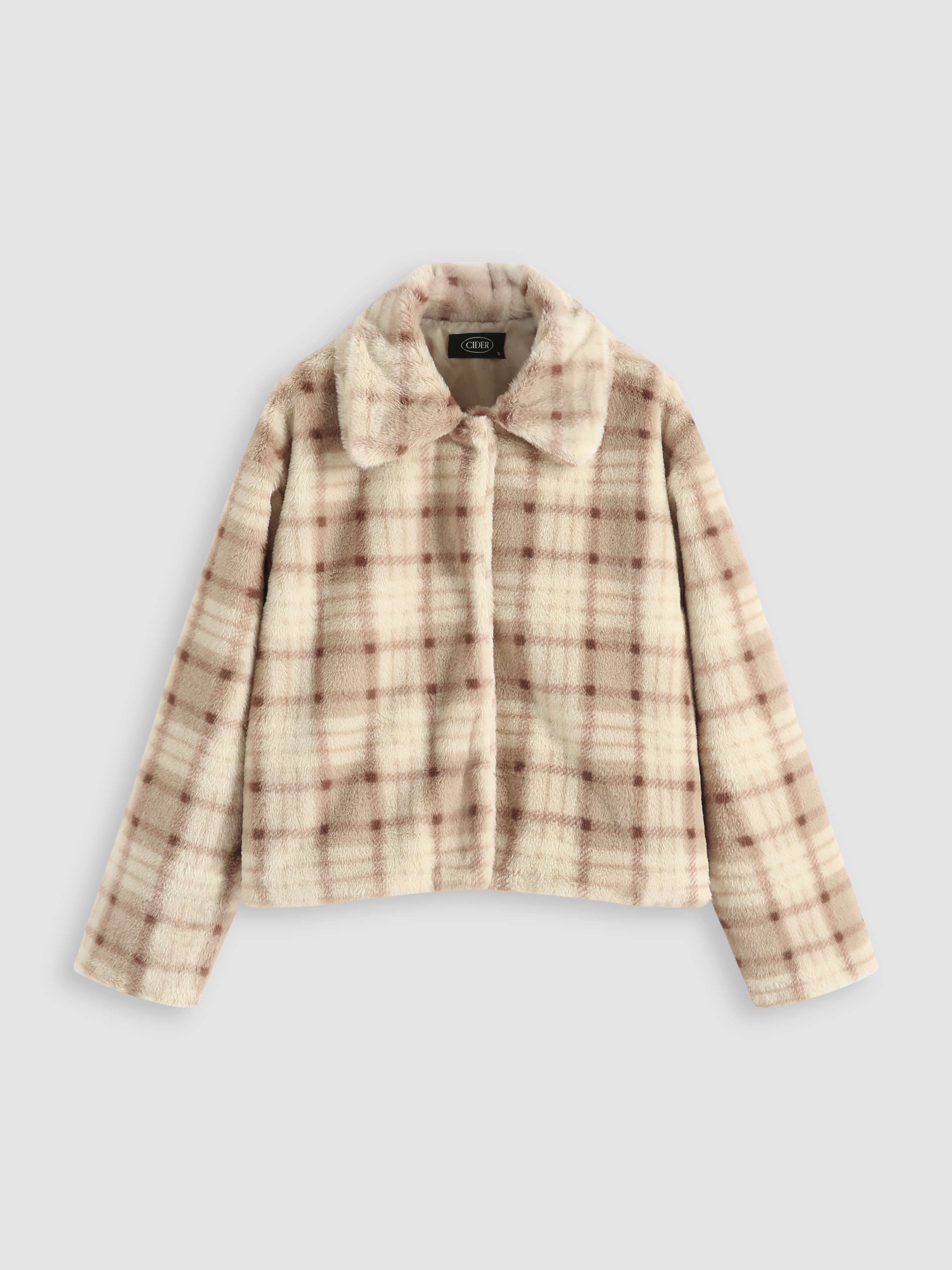 Short Plush Plaid Pattern Coat - Cider