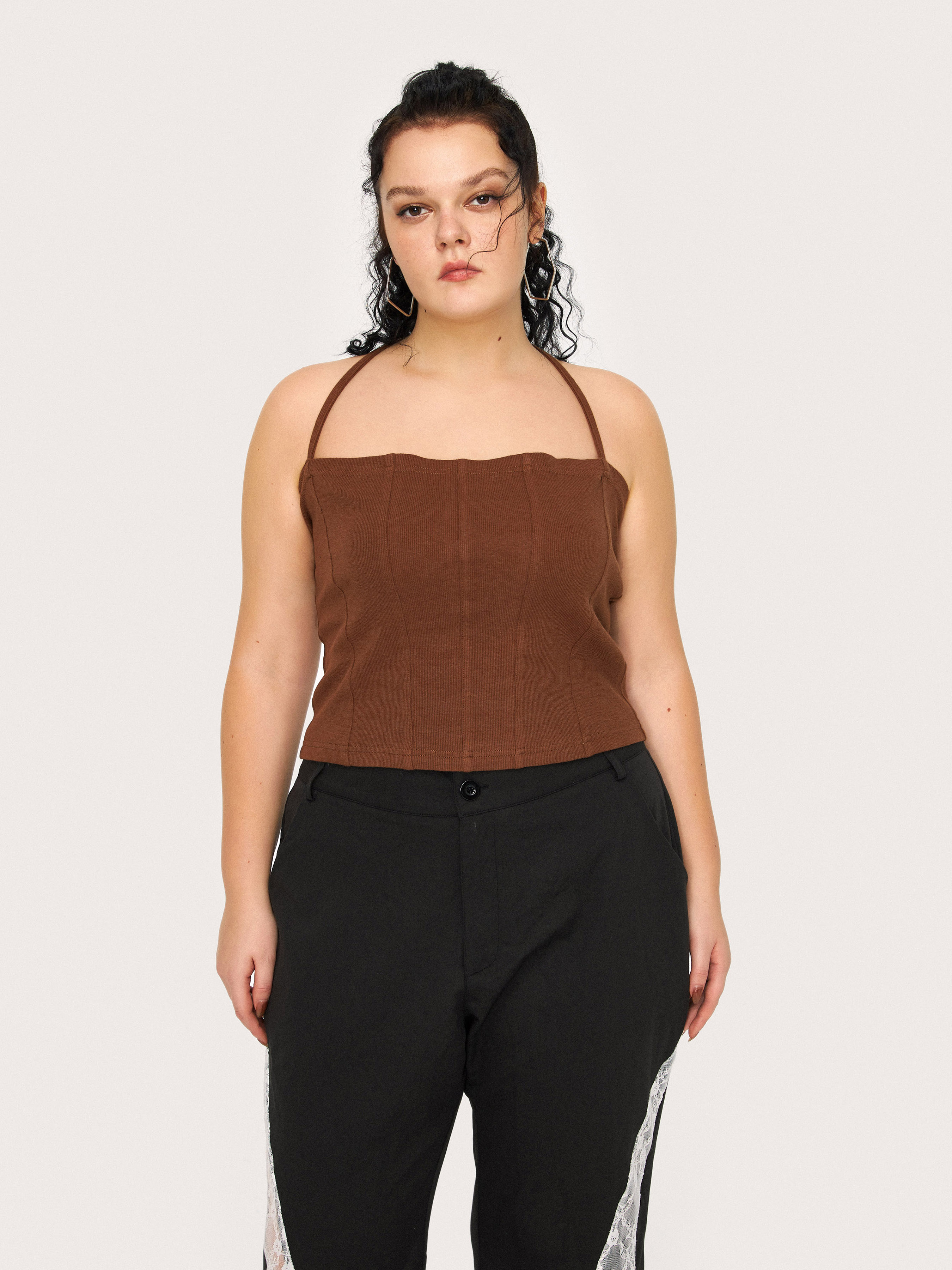Curve&Plus Stitching Corset Halter Top - Cider