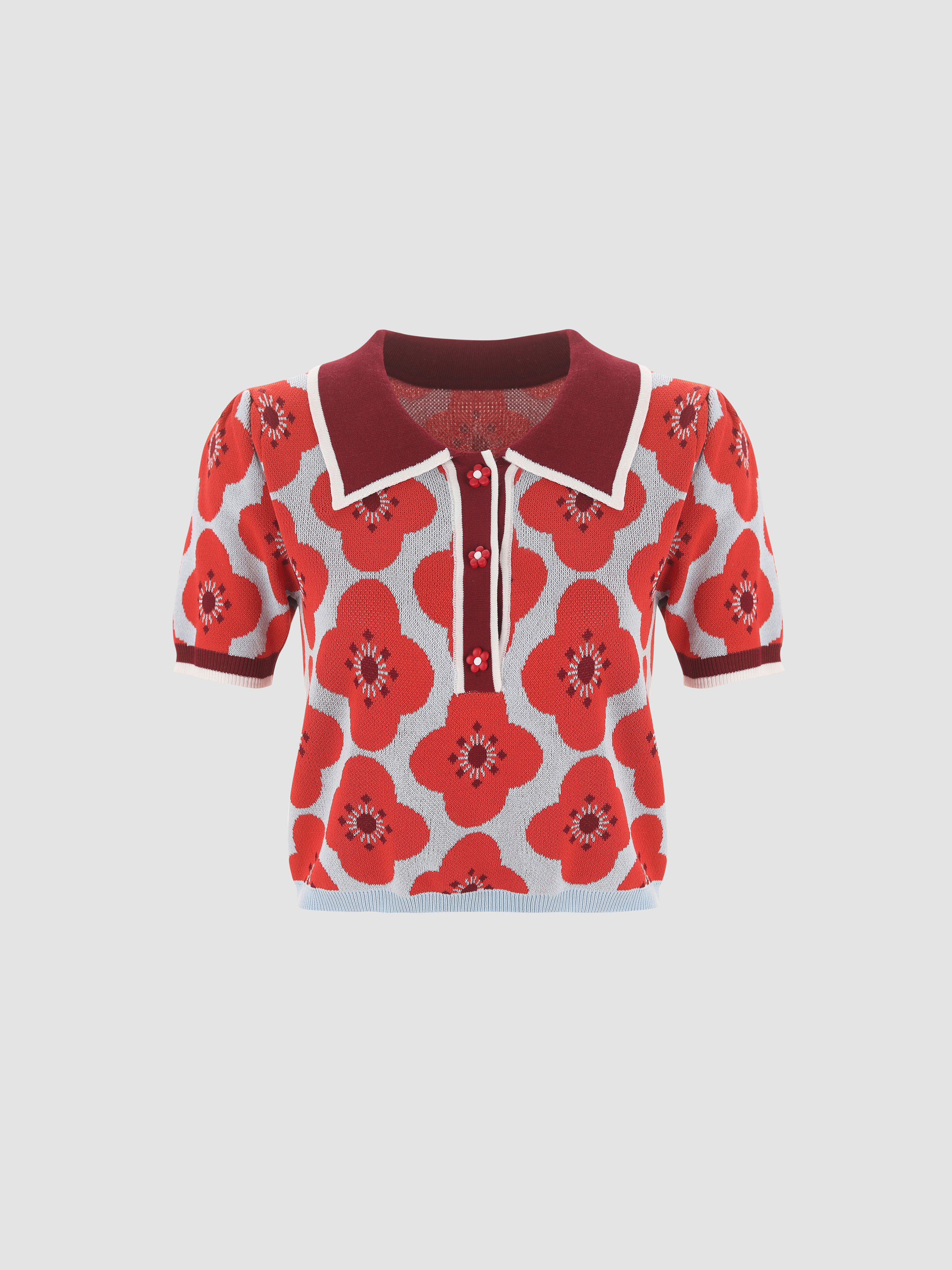 Red Floral Polo Crop Sweater - Cider