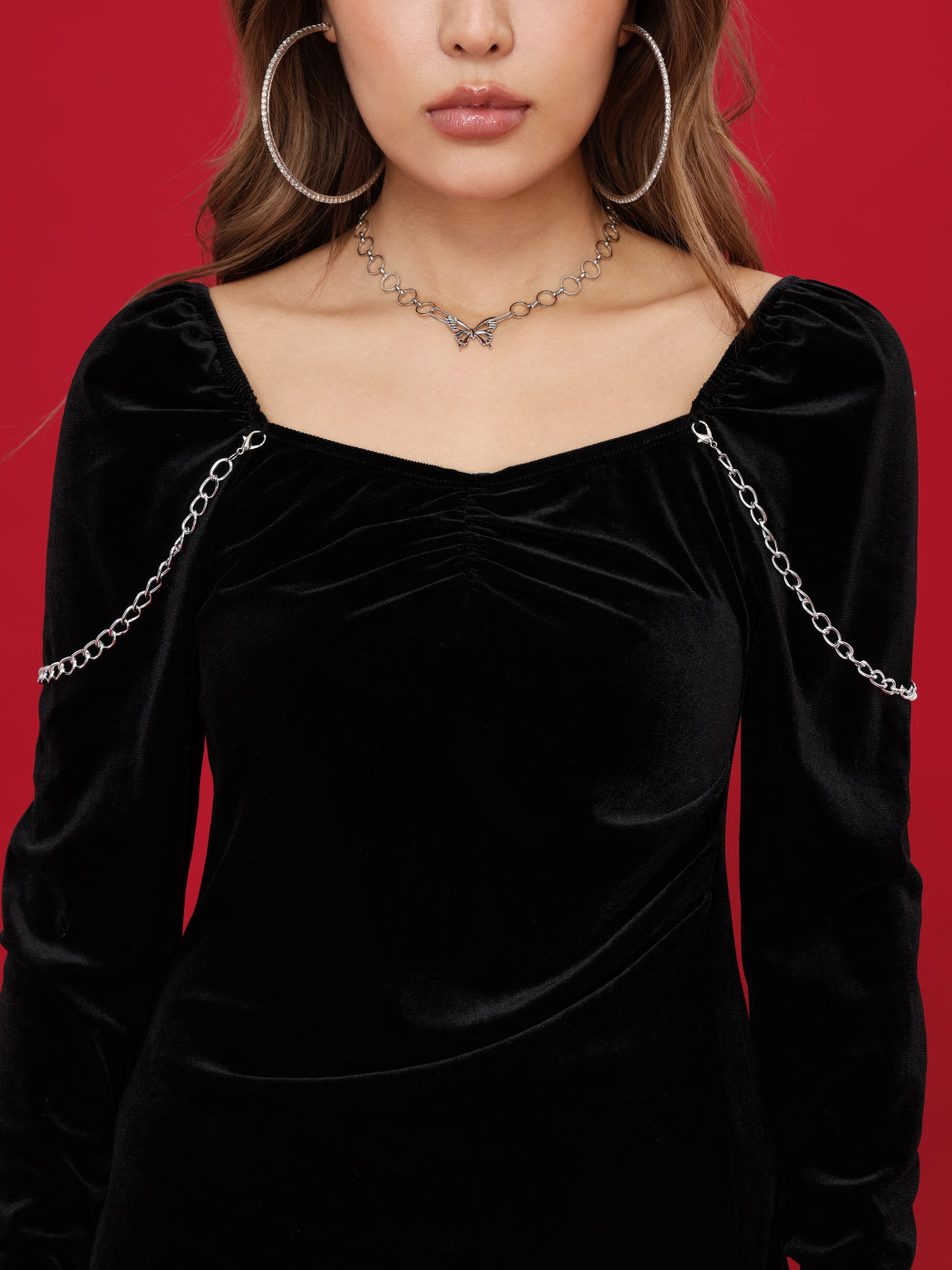 Velvet Velvet Chain Decor Slit Mini Dress For Date Exhibition Vacation