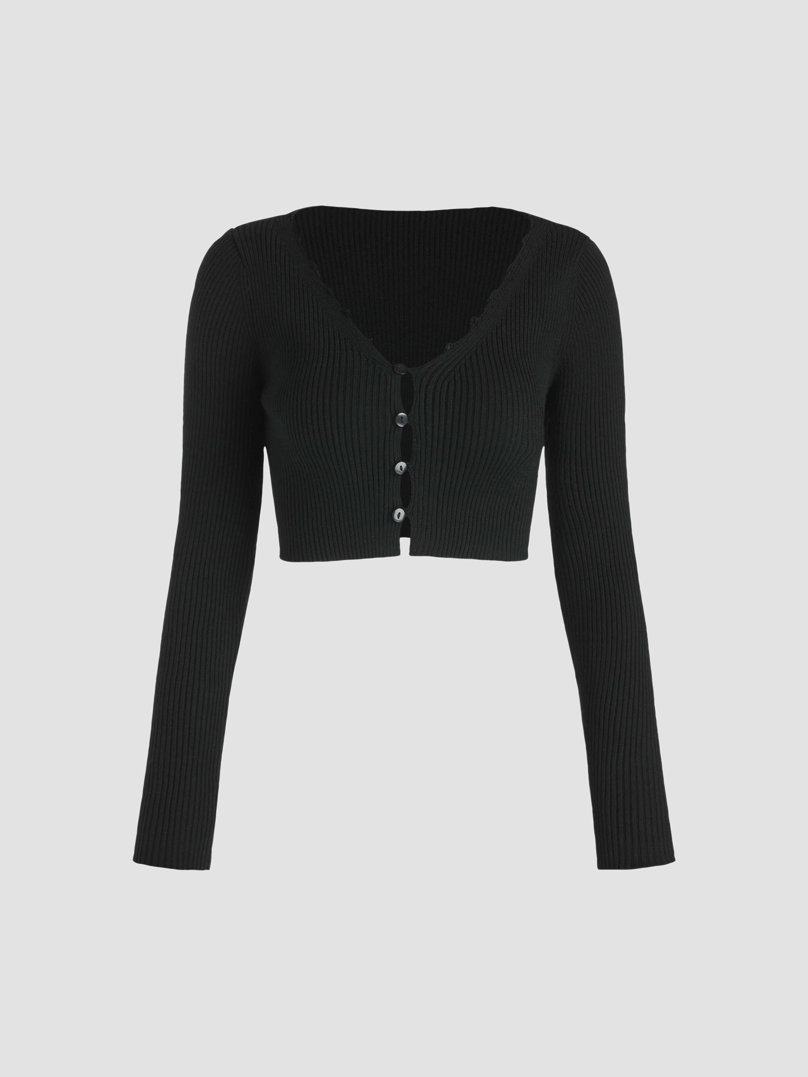 Solid Rib Knit Button-up Crop Top For Daily Casual