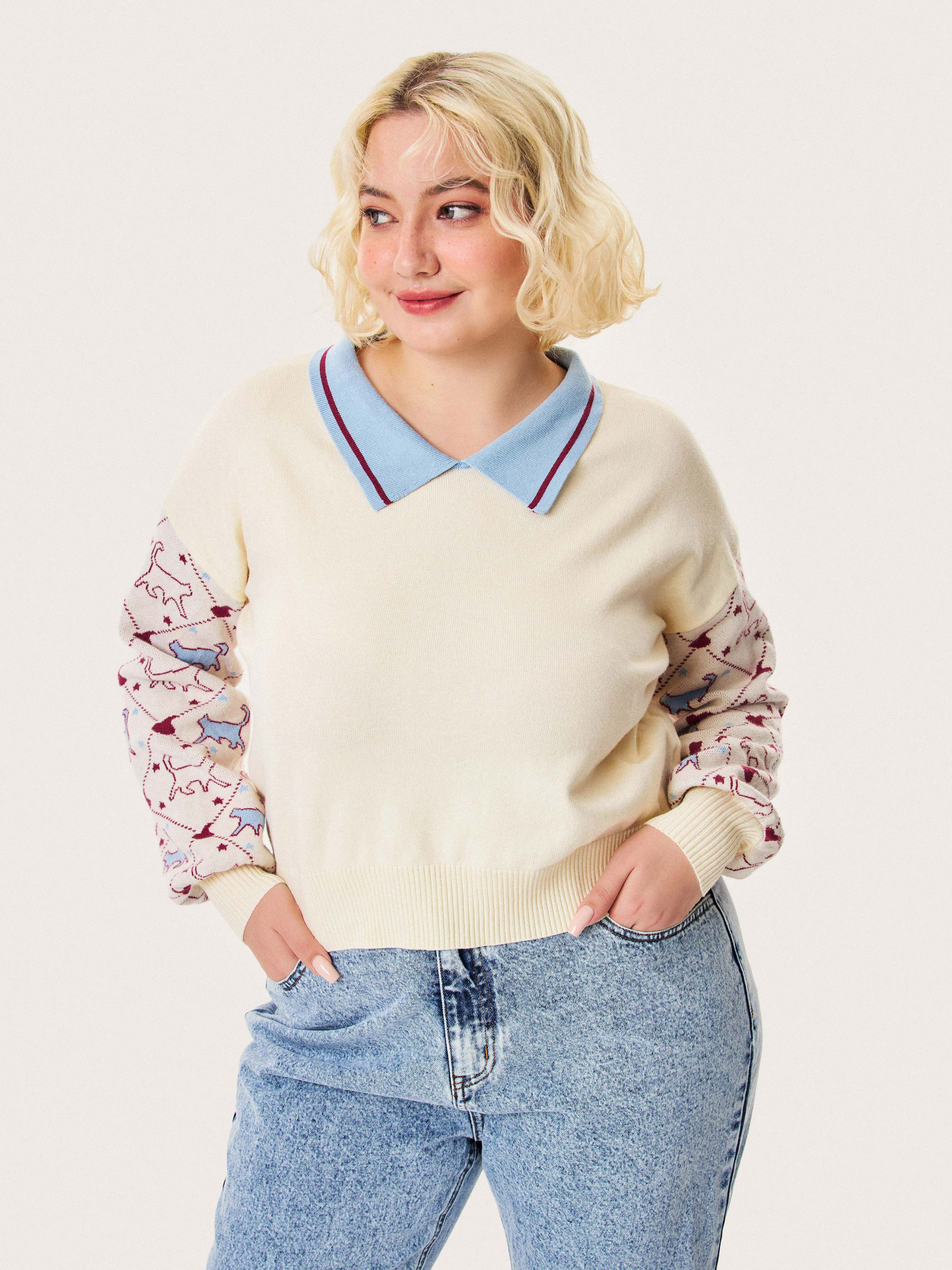 Curve & Plus Cute Cat Collar Sweater For Daily Casual Picnic Coffee Shop