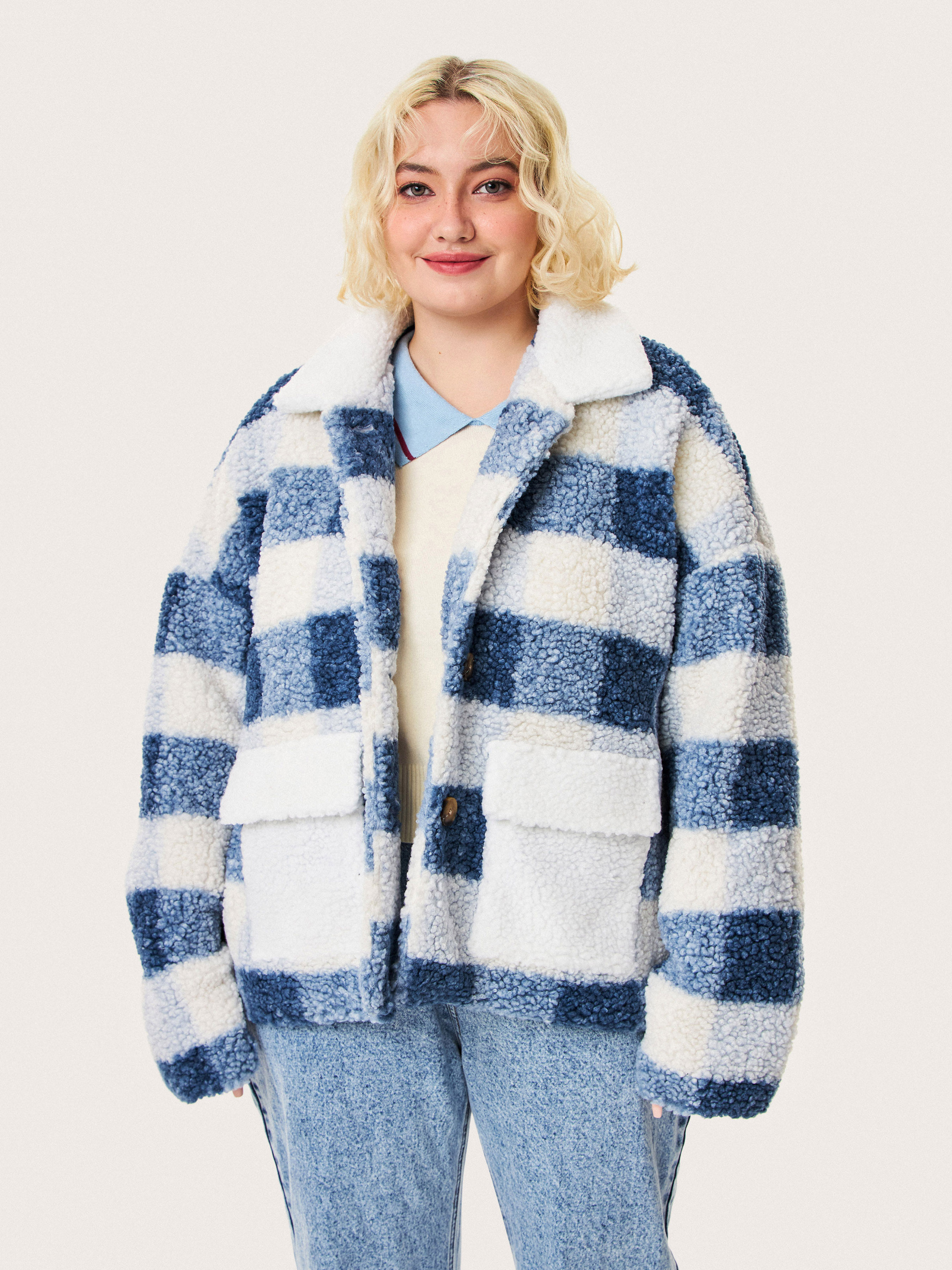 Teddy Check Pattern Coat Curve & Plus - Cider