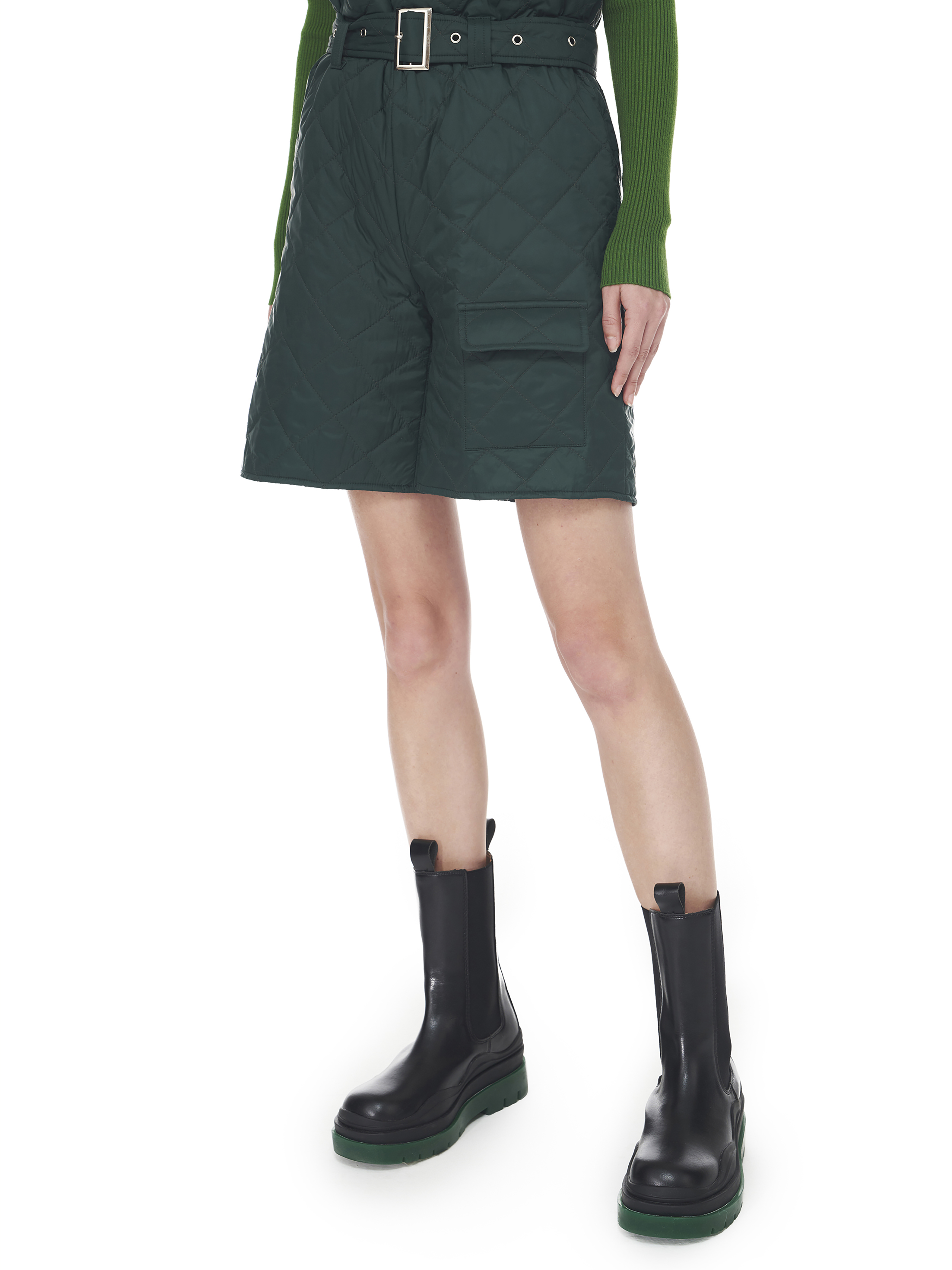 Forest Green Quilted Midi Shorts For Daily Casual School
