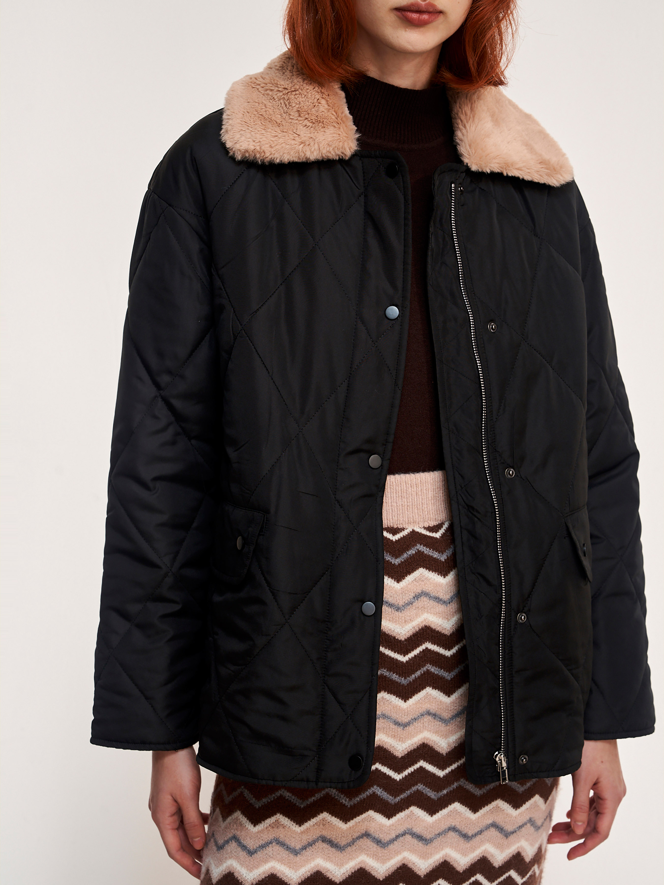 Patchy Quilted Zip Up Coat - Cider