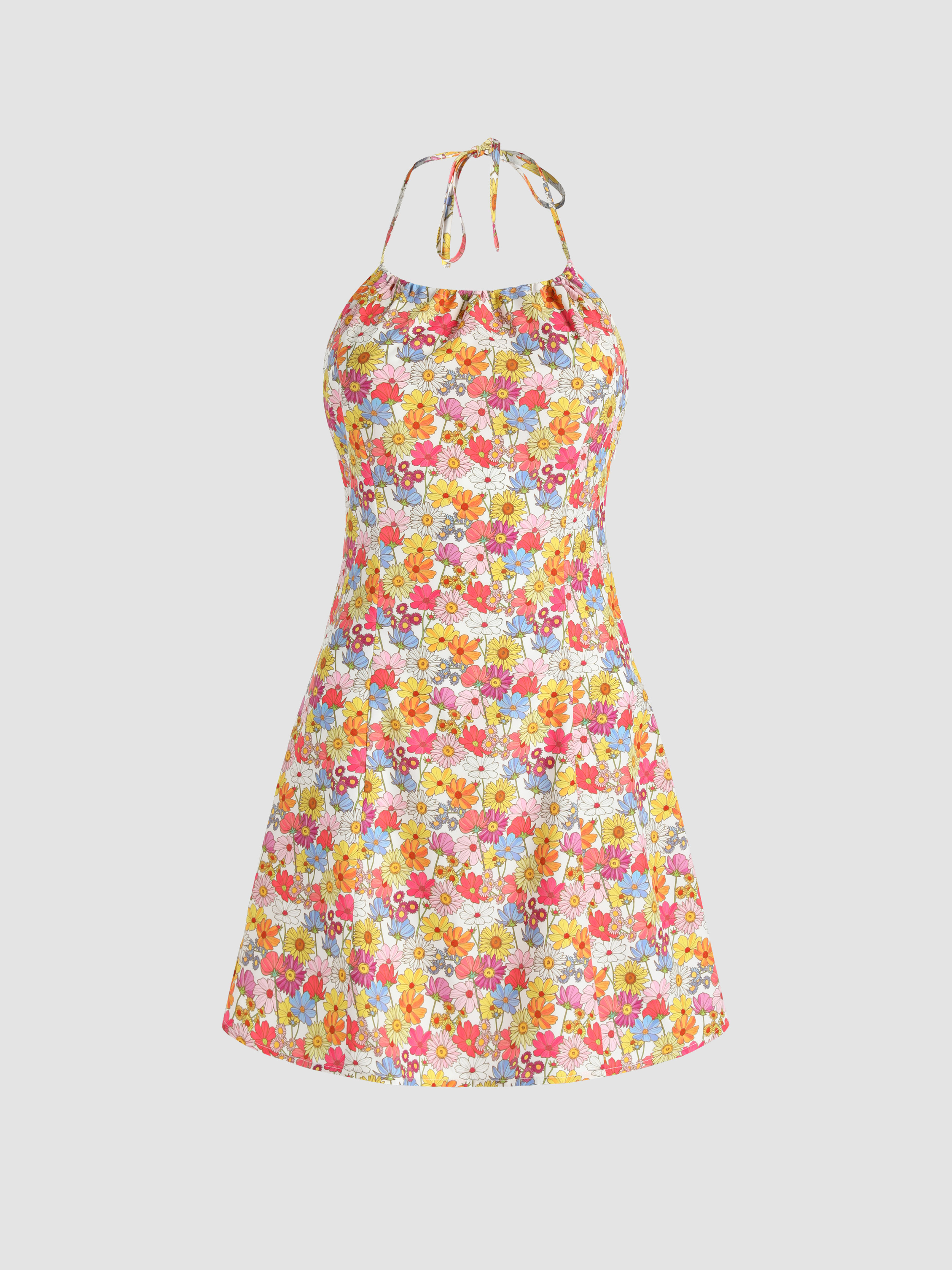 Colorful Floral Halter Mini Dress For Vacation