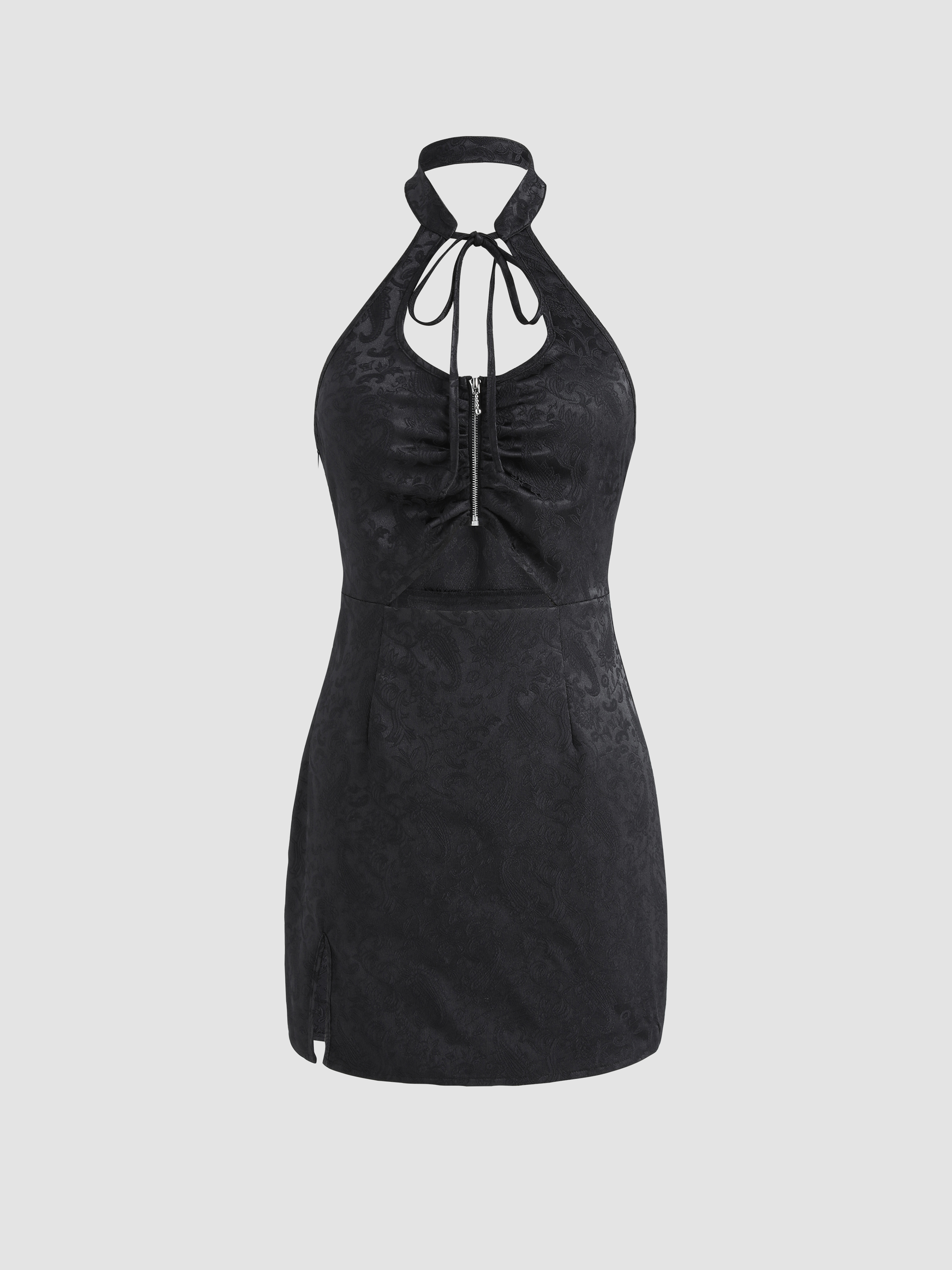 Zipper Mini Jacquard Halter Dress For Vacation