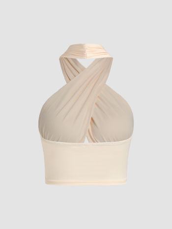 Solid Crossover Crop Halter Tank Top For Daily Casual Date