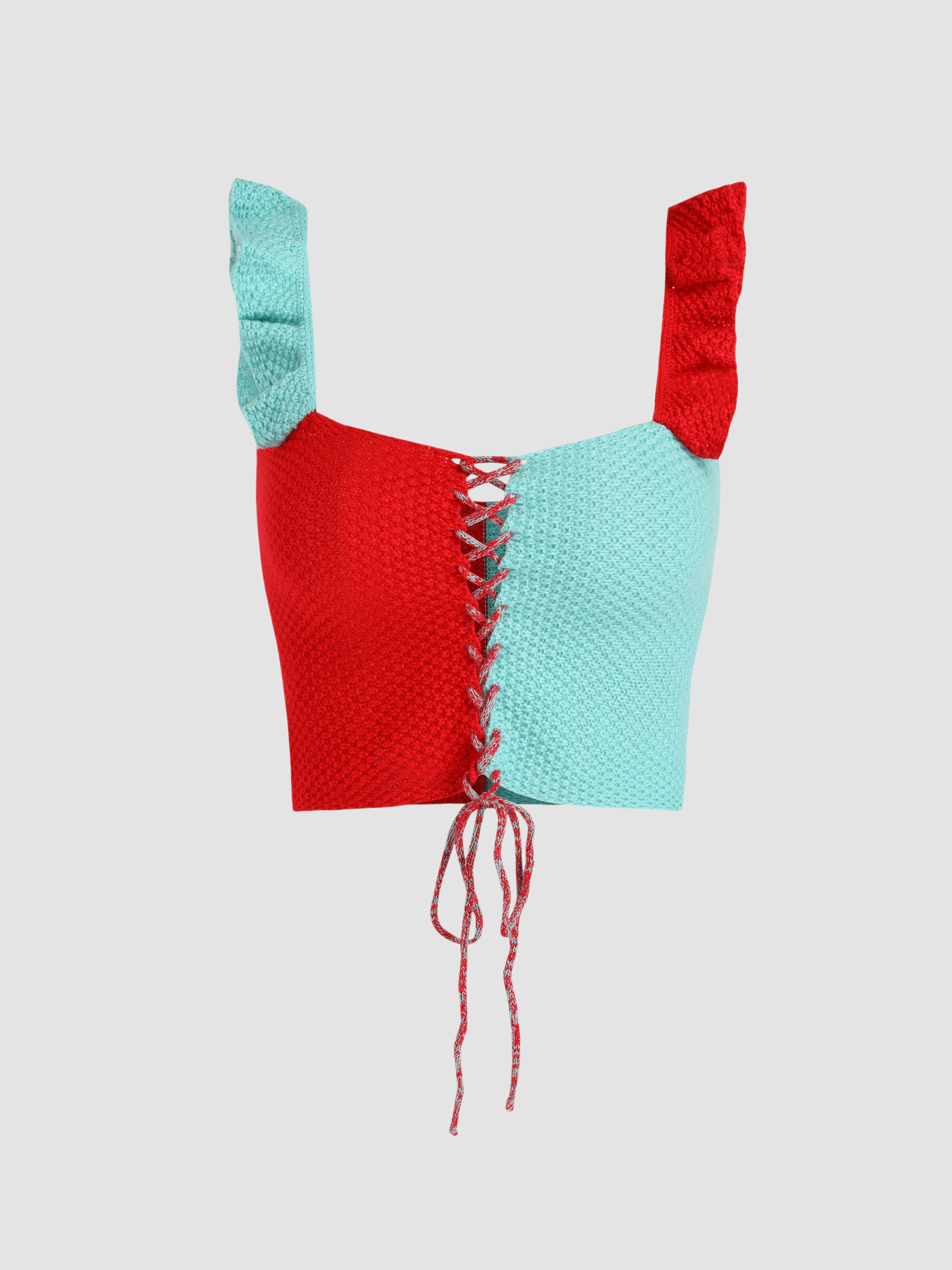 Knit Fabric Patchwork Crochet Ruffle Tank Top For Vacation