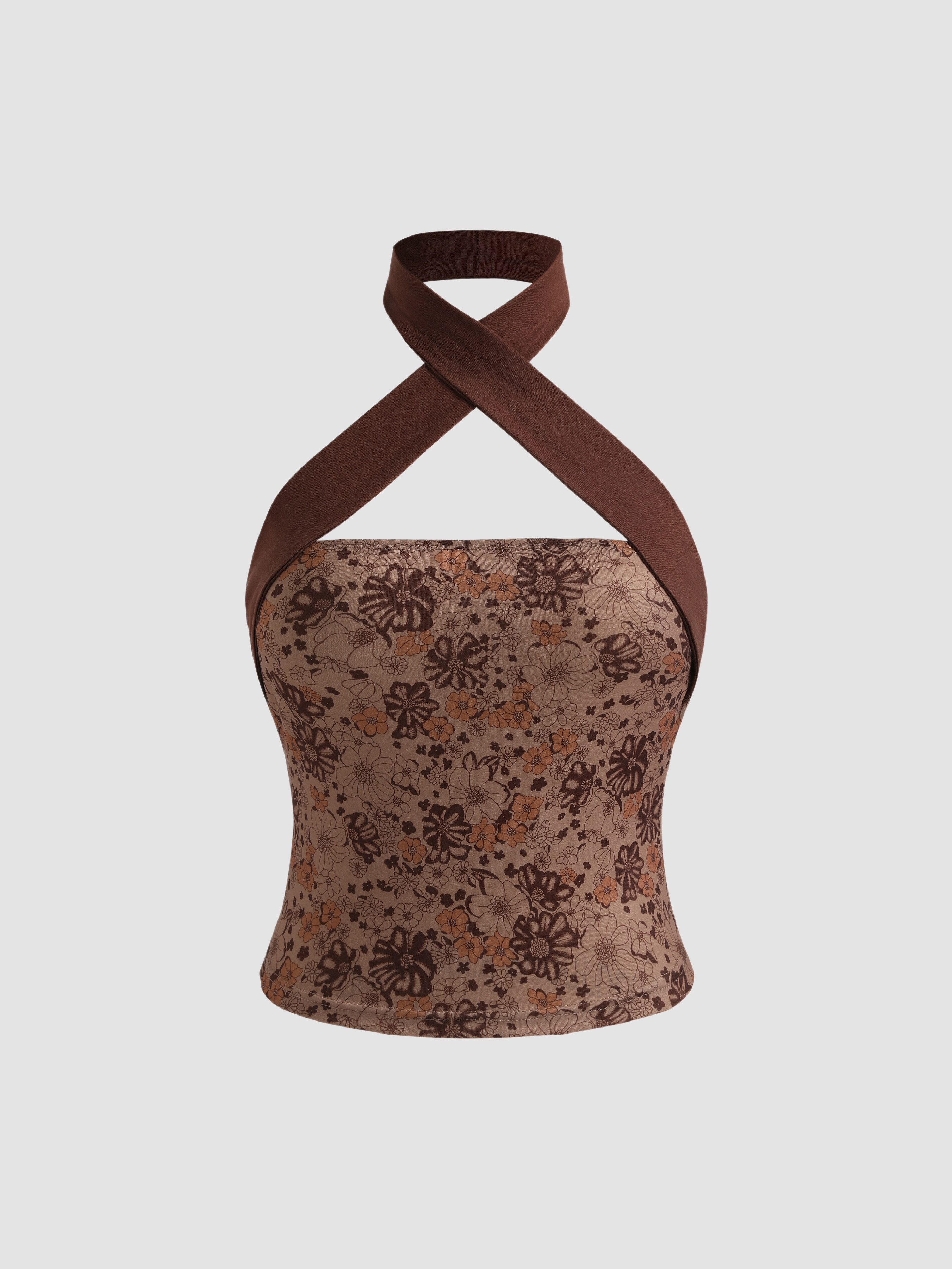 Floral Cross Halter Tank Top - Cider
