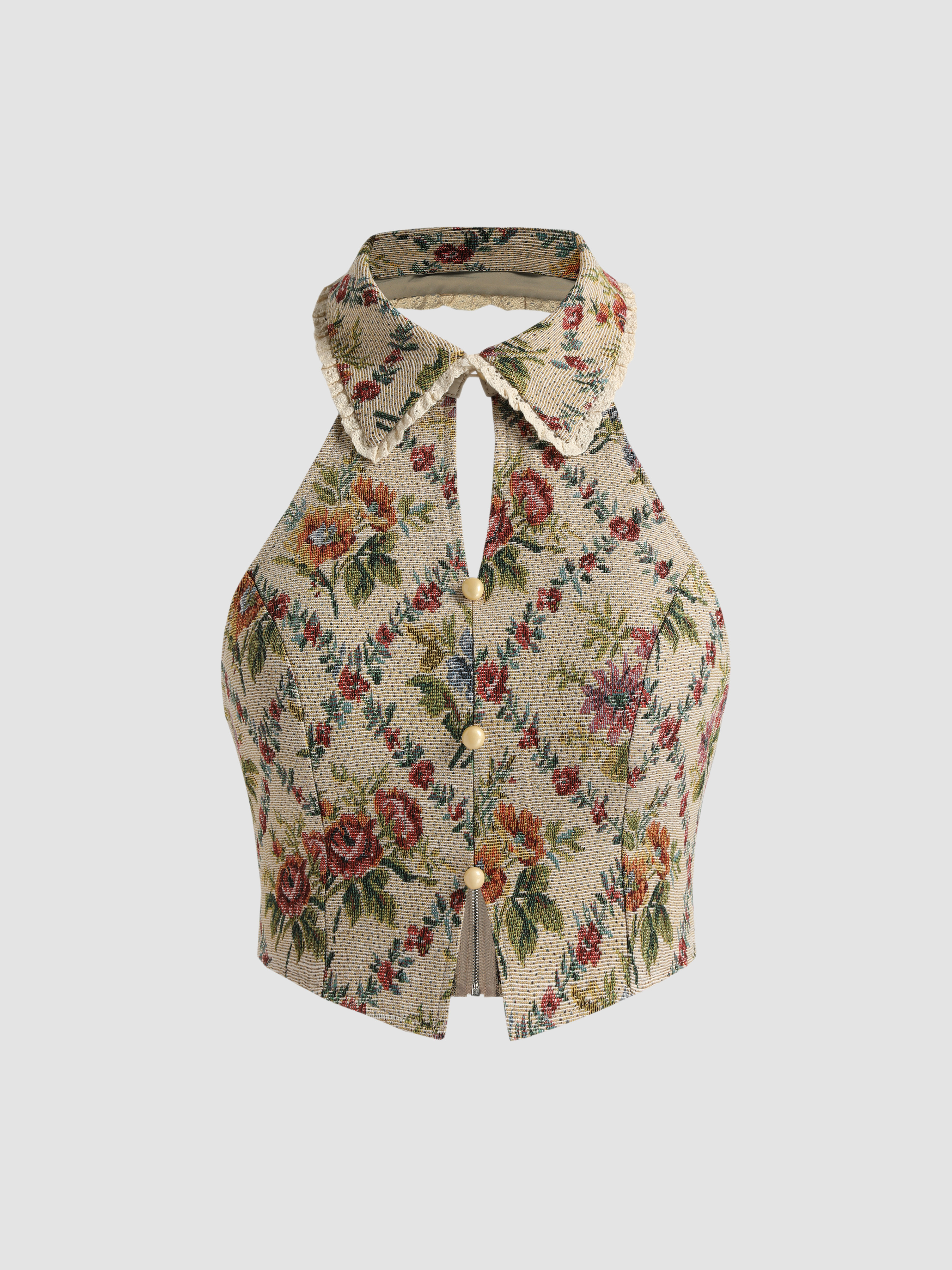 Floral Button Halter Tank Top - Cider