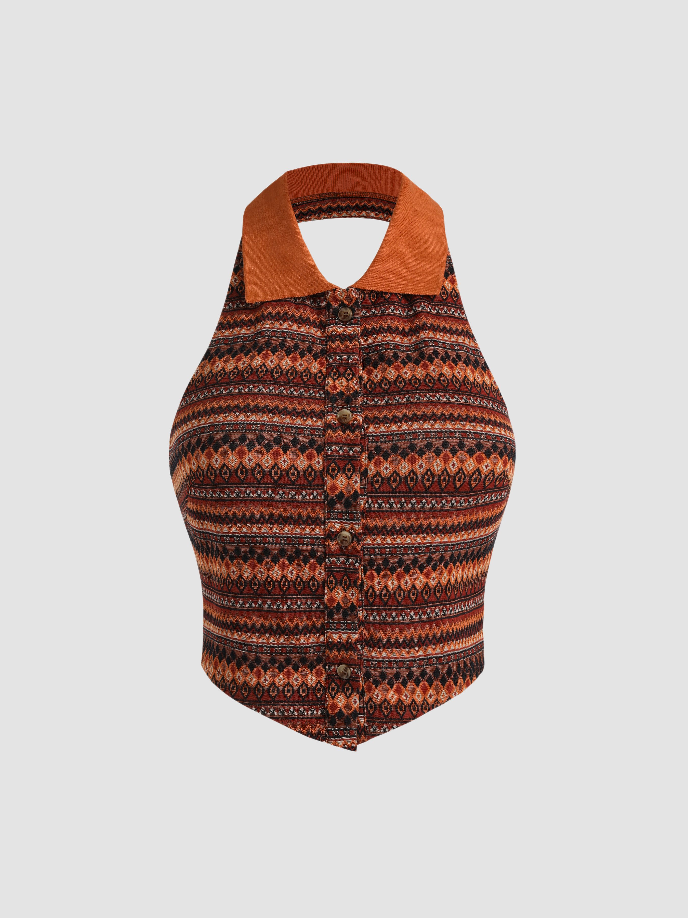 Retro Striped Print Collared Halter Top - Cider