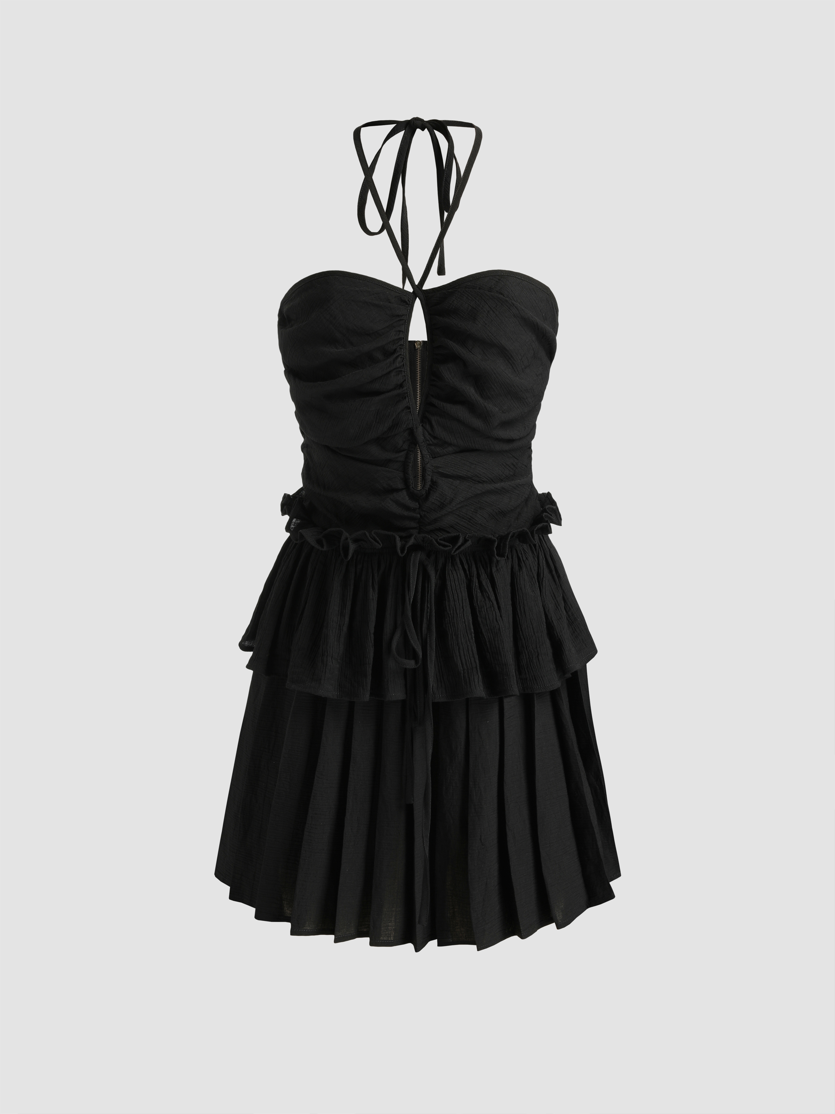 Drawstring Knot Ruched Halter Mini Dress - Cider