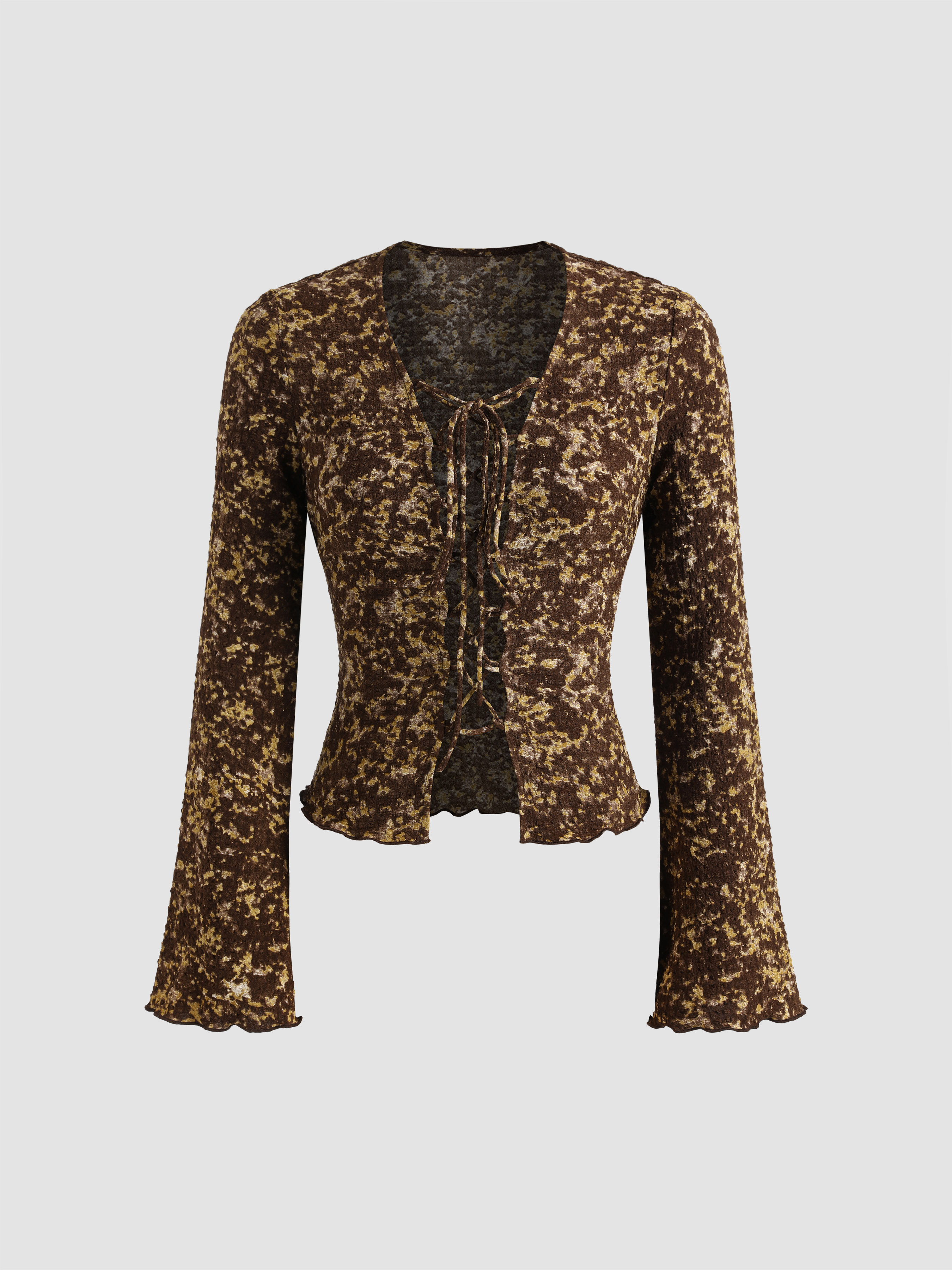 Texture All Over Print Lace Up Blouse For Daily Casual