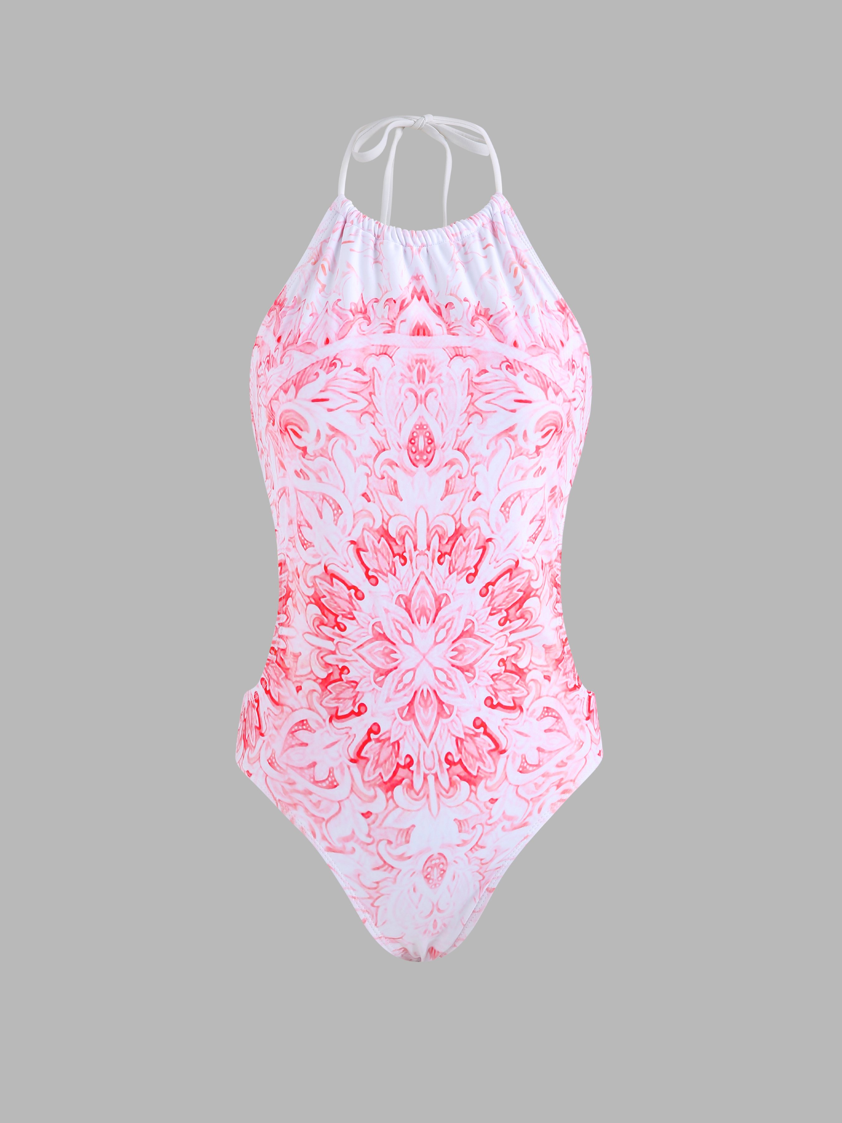Floral Print Backless Halter One Piece Swimsuit Cider