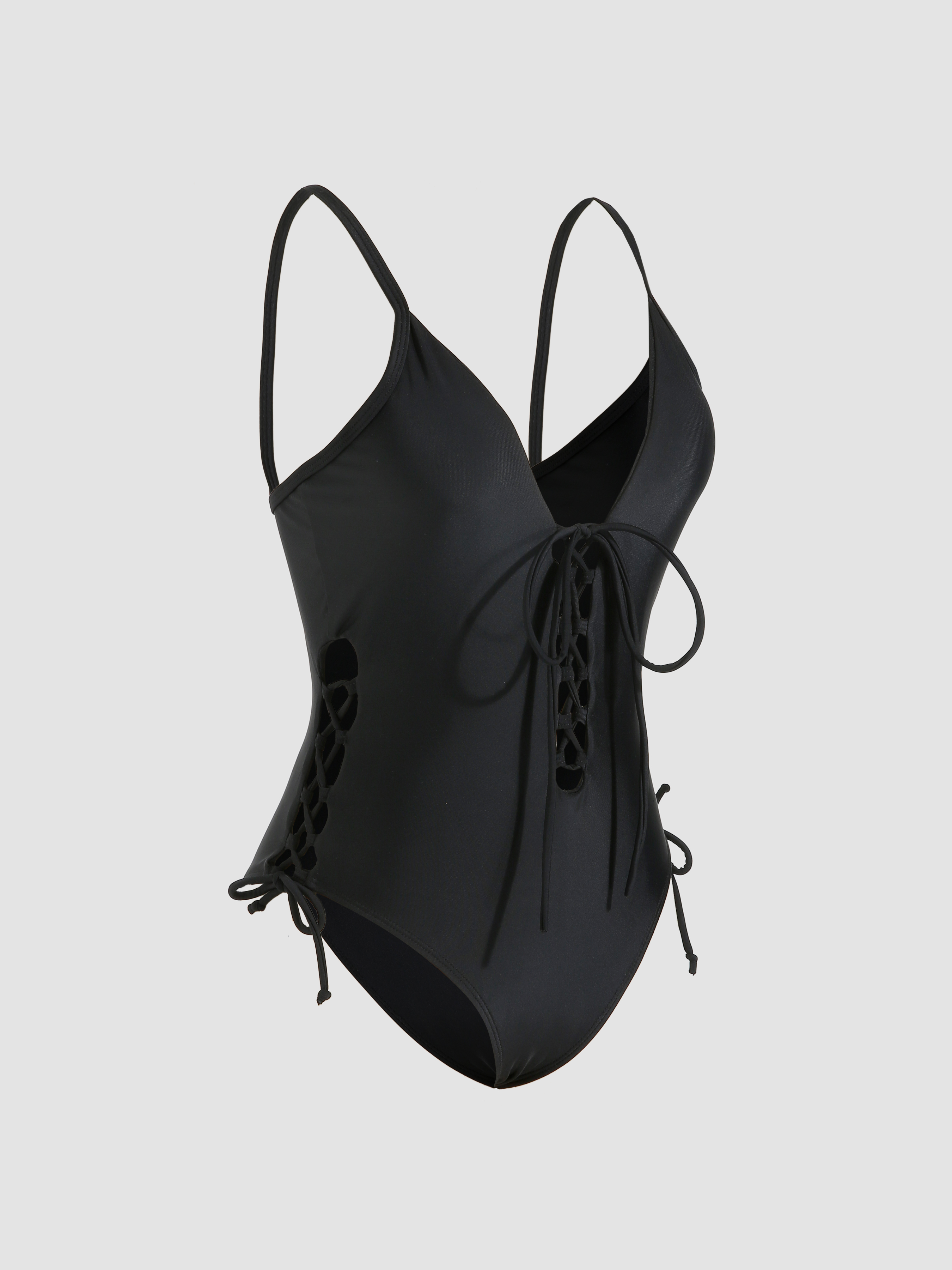 Solid Lace Up V Neck One Piece Swimsuit Cider