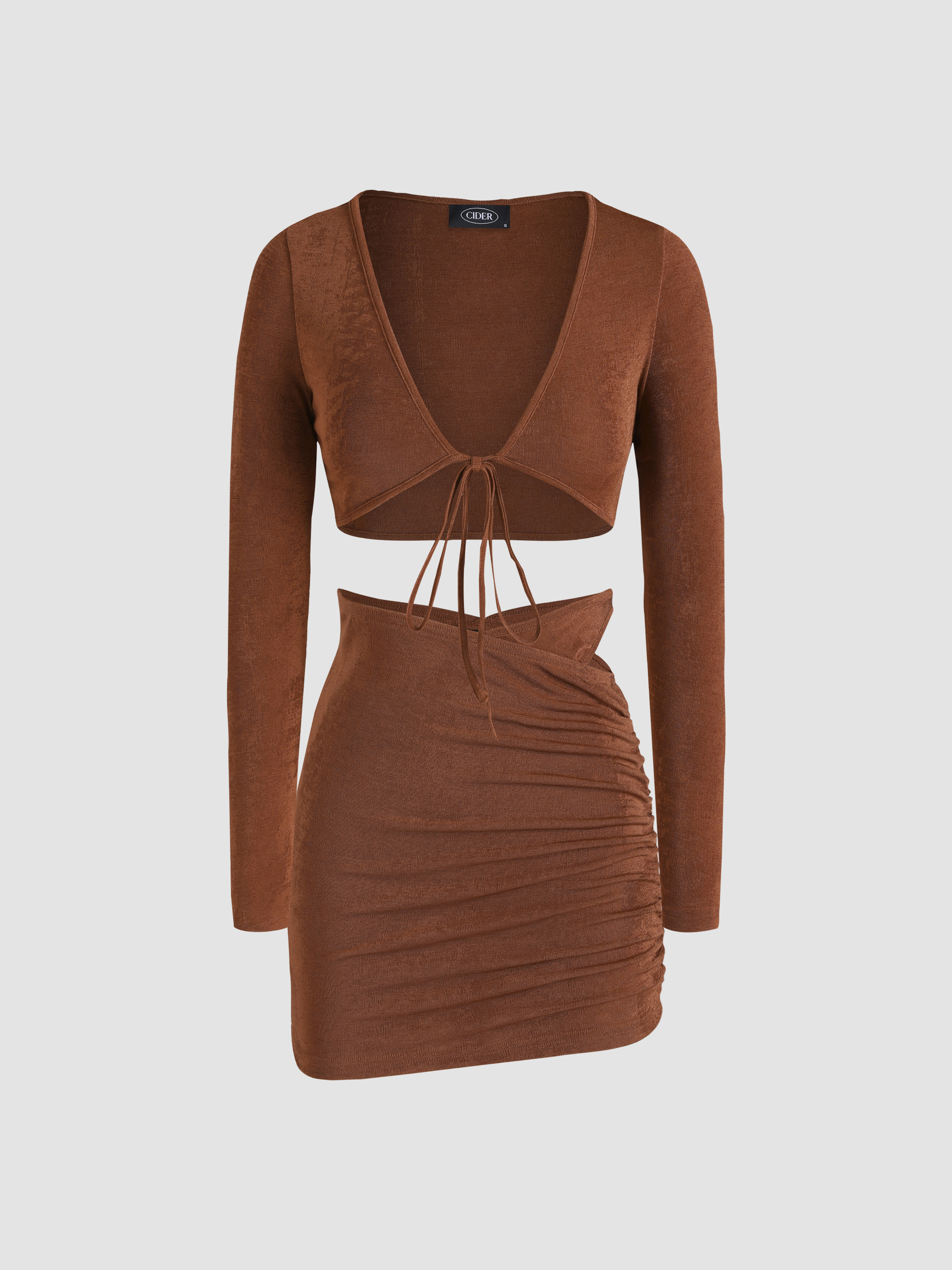 Solid Ruched Top & Skirt Set - Cider