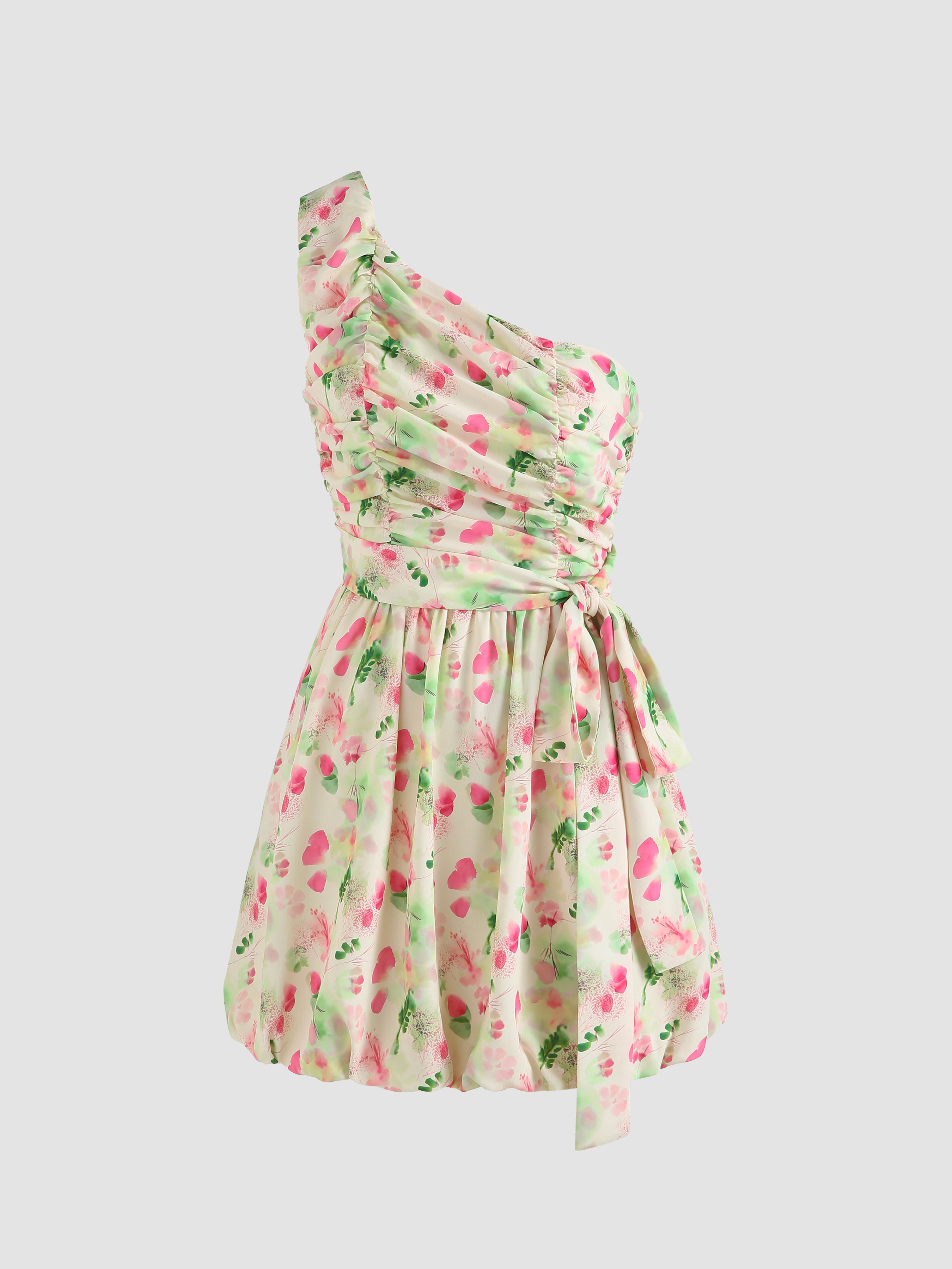 Watercolor Floral Knotted One Shoulder Mini Dress - Cider